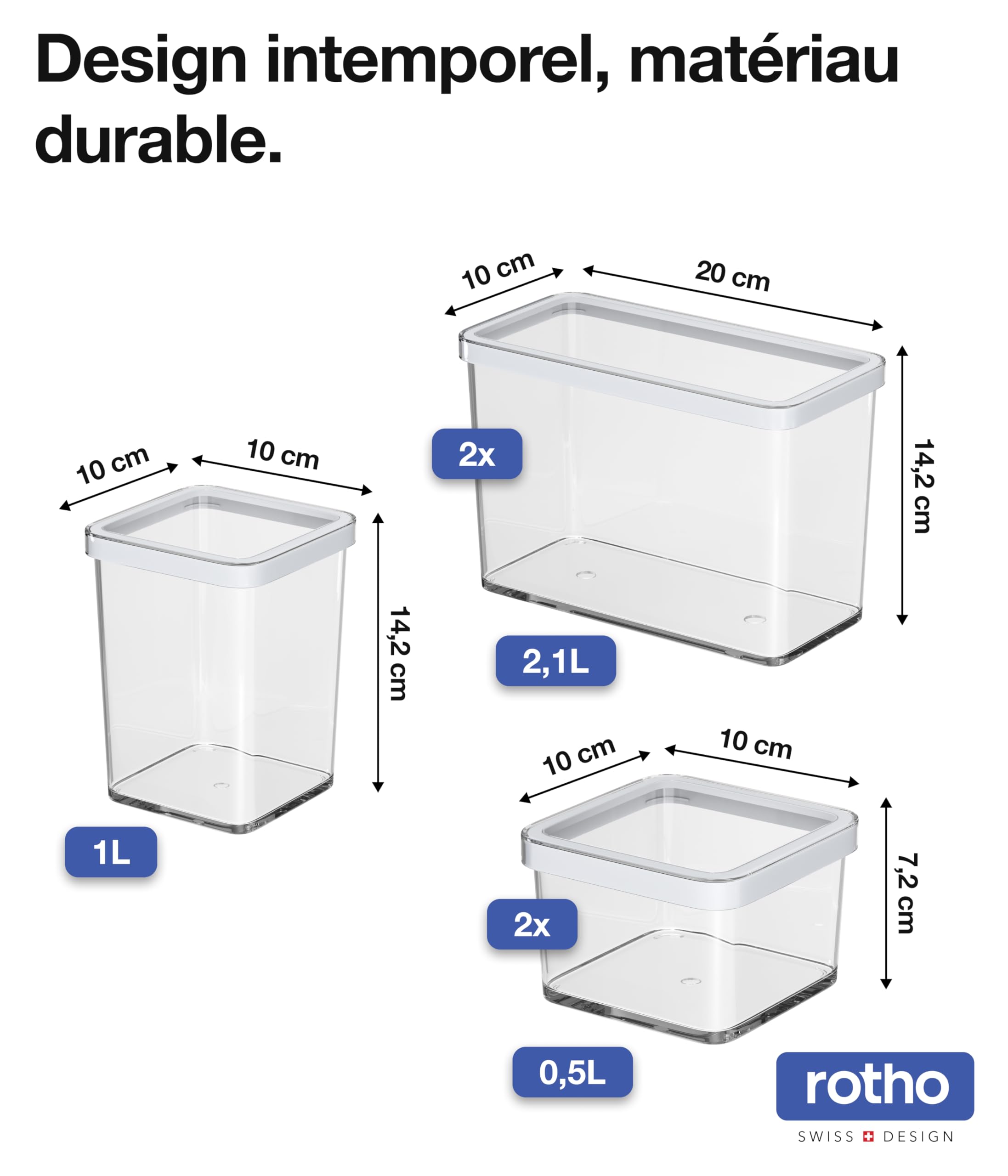 Rotho, Loft, Set of 5 Storage Boxes, Plastic (PP) BPA-Free, Transparent/White, 2 x 2,1l, 1 x 1,0l, 2 x 0,5l (30,0 x 21,0 x 15,0 cm)