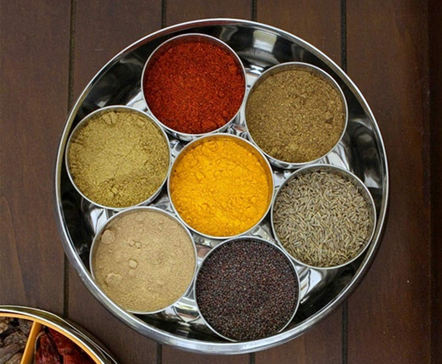 ARTISENIA Stainless Steel Spice Container Masala Box 7 Containers and 2 Small Spoon Masala Box Indian Masala Dabba - 7.5 Inch Diameter