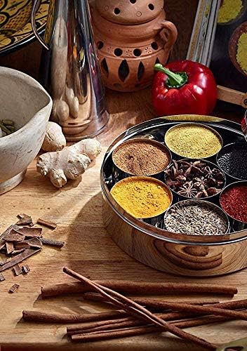 ARTISENIA Stainless Steel Spice Container Masala Box 7 Containers and 2 Small Spoon Masala Box Indian Masala Dabba - 7.5 Inch Diameter