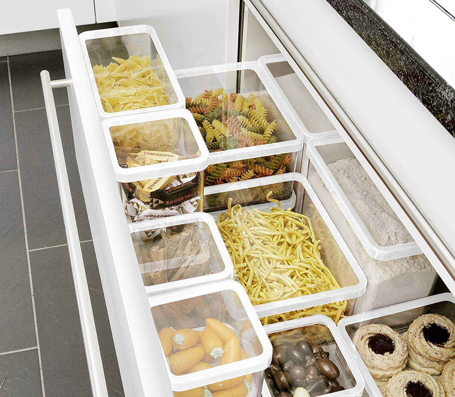 Rotho, Loft, Set of 5 Storage Boxes, Plastic (PP) BPA-Free, Transparent/White, 2 x 2,1l, 1 x 1,0l, 2 x 0,5l (30,0 x 21,0 x 15,0 cm)