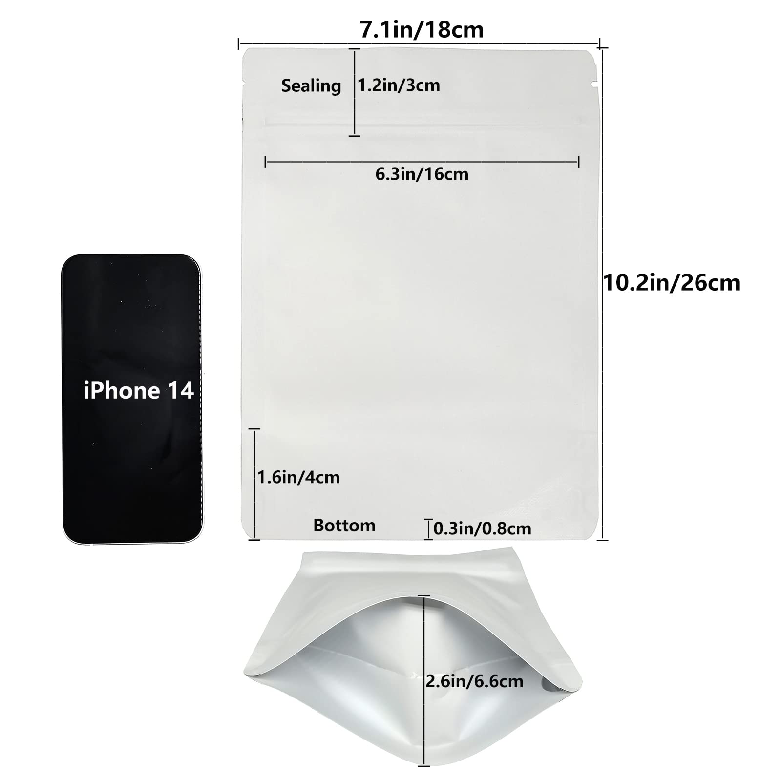 50 Pieces Large Stand Up Pouchs for Food Storage Resealable Smell Proof Ziplock Bags Holographic Packaging Pouch Bag White