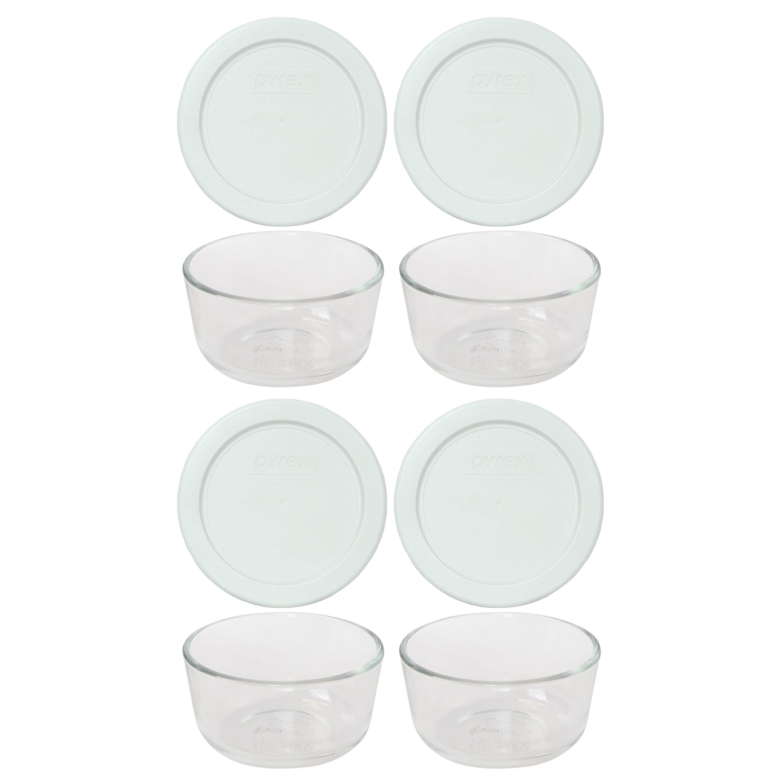 Pyrex (4 7202 1-Cup Glass Bowls & (4) 7202-PC 1-Cup White Lids Made in the USA
