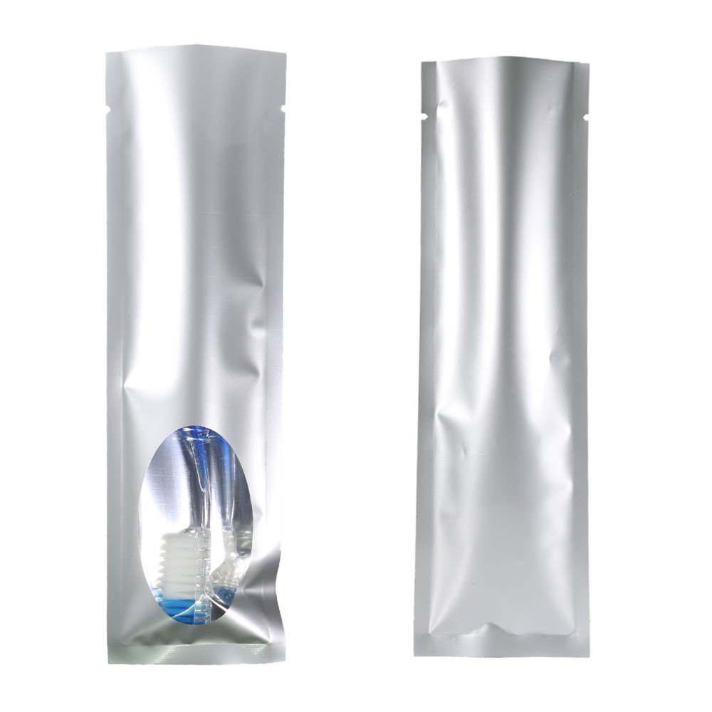 100x Silver/Silver/Silver Long Flat Open Top Bags with Oval Window 6x20cm (2.3x7.8")