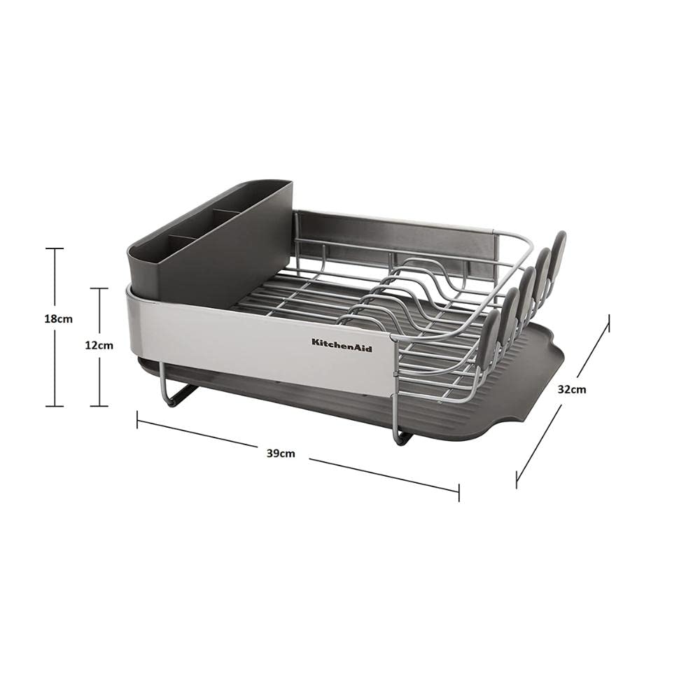 KitchenAid Compact, Space Saving Rust Resistant Dish Rack, with Angled Self Draining Drain Board and Removable Flatware Caddy, 16.06-Inch, Gray