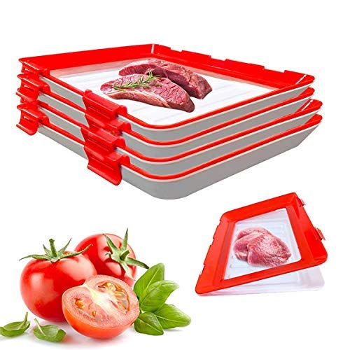Food Plastic Preservation Tray, Stackable Food Tray Reusable Creative fresh tray storage for Food Preservation (4 Pack)