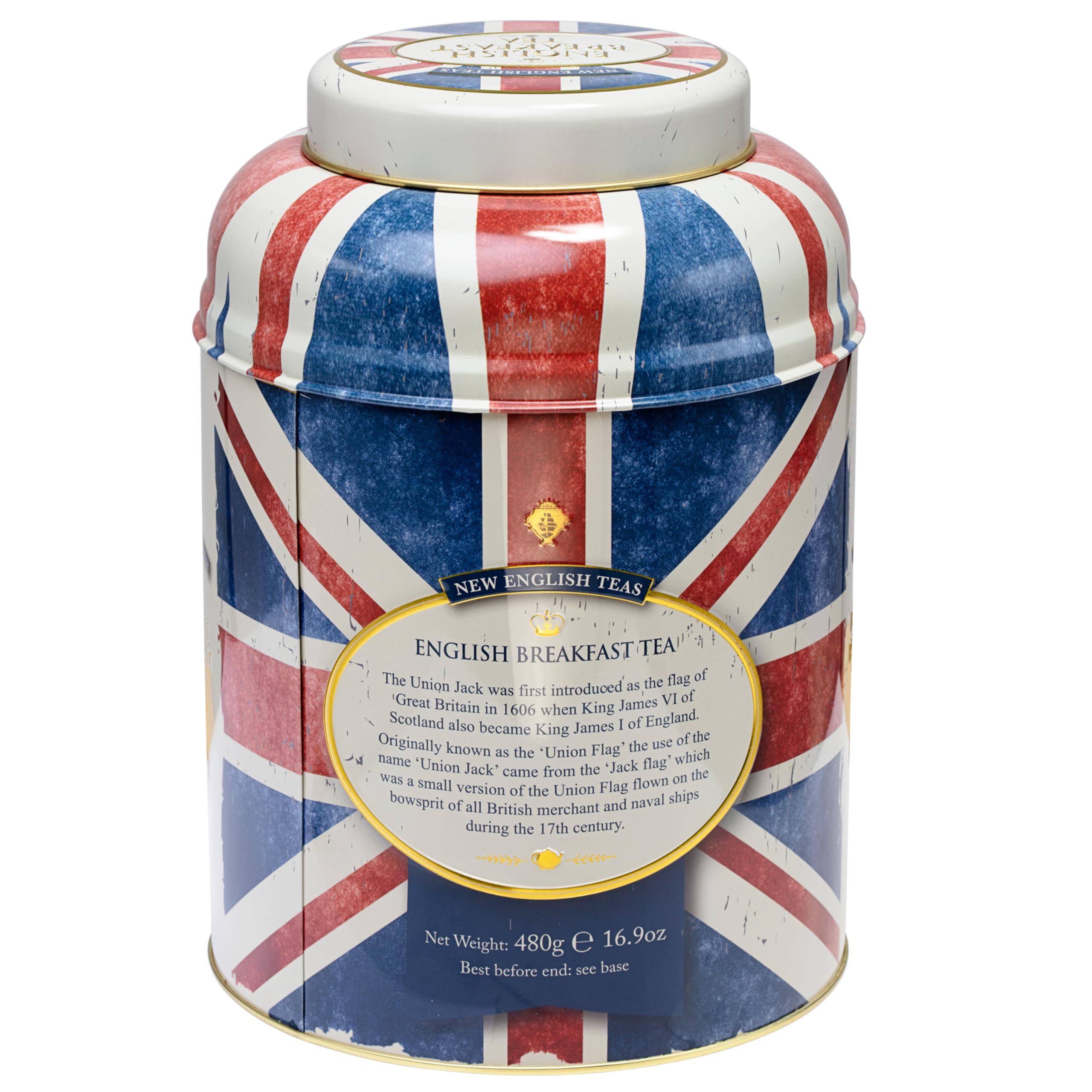 New English Teas Union Jack Large Round Tea Caddy with 240 English Breakfast Teabags