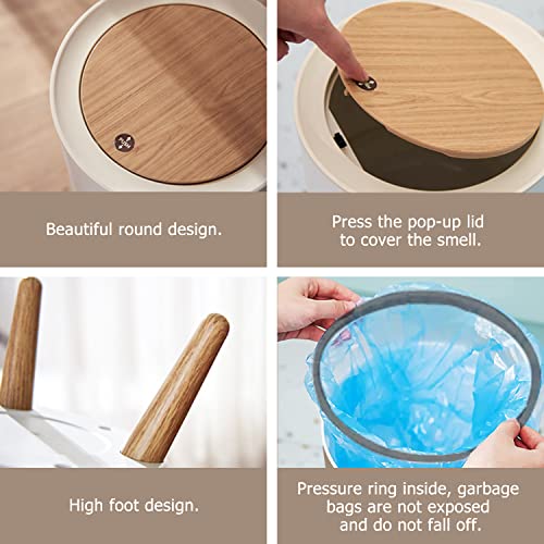 Small Trash Can with Lid Trendy Abstract Wavy Backgrounds Seamless Striped Patterns Diagonal Wood Legs Press Cover Garbage Bin Round Waste Bin Wastebasket for Kitchen Bathroom Office 7L/1.8 Gallon