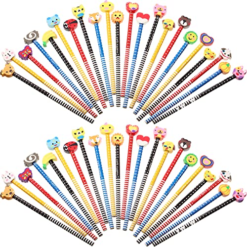 100 Pieces Animal Pencils Cartoon Pencils Kids Pencils with Erasers Fun Wooden Animal Pencils Fancy Stripe Pencil with Cute Animal Eraser for School Office Classroom Supplies Students Children