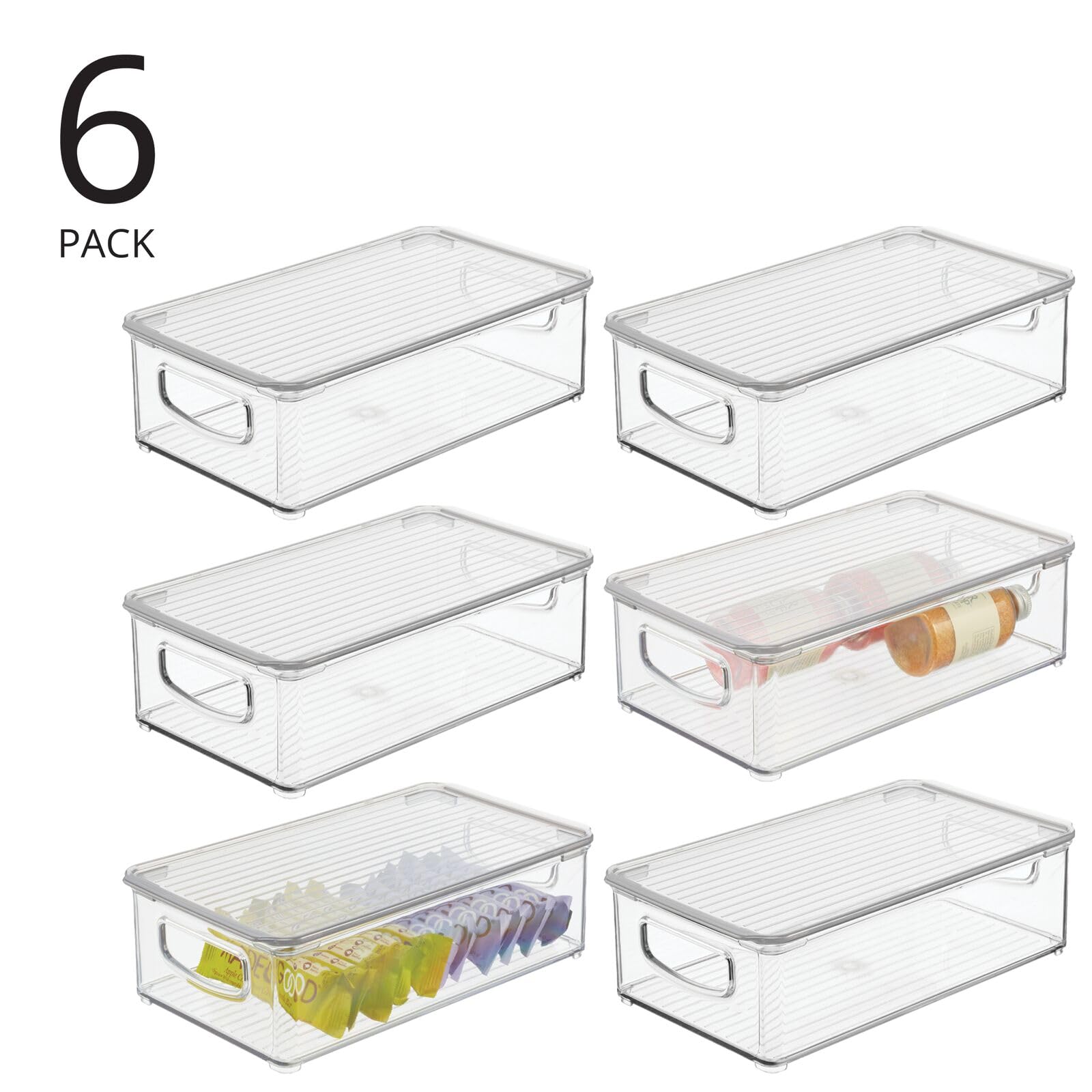 mDesign Plastic Pantry Storage Box Container with Lid and Built-In Handles - Organization for Flour, Cereal, Pasta, Rice, or Food in Kitchen Cupboard, Ligne Collection, 6 Pack, Clear/Clear