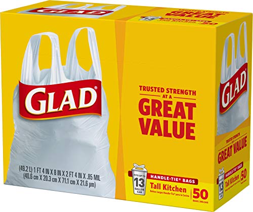 GLAD Tall Kitchen Trash Bags, 13 Gallon Handle Tie Trash Big for Kitchen, Unscented, 50 Count (Pack of 4)