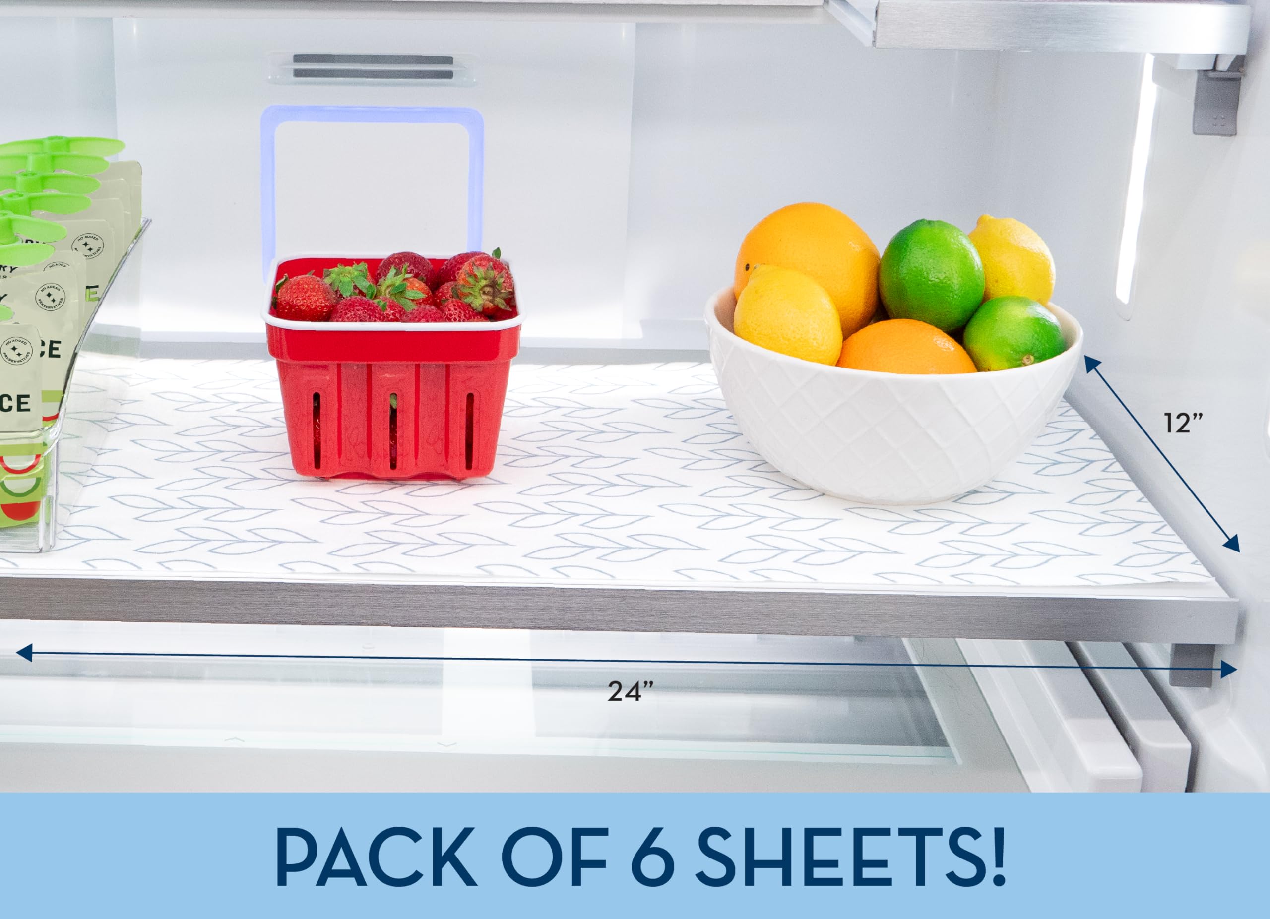 Envision Home Fridge Bin & Shelf Liners, 12 Inch x 24 Inch, Slate Leaf Print, 6 Pack