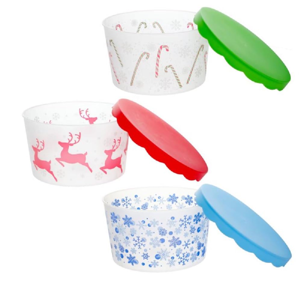 Christmas Food Containers with Lids For Holiday Baked Goods, Food Gifts, Treats, Candy - Plastic - Large Approx 4x8 Inches - Set of 3