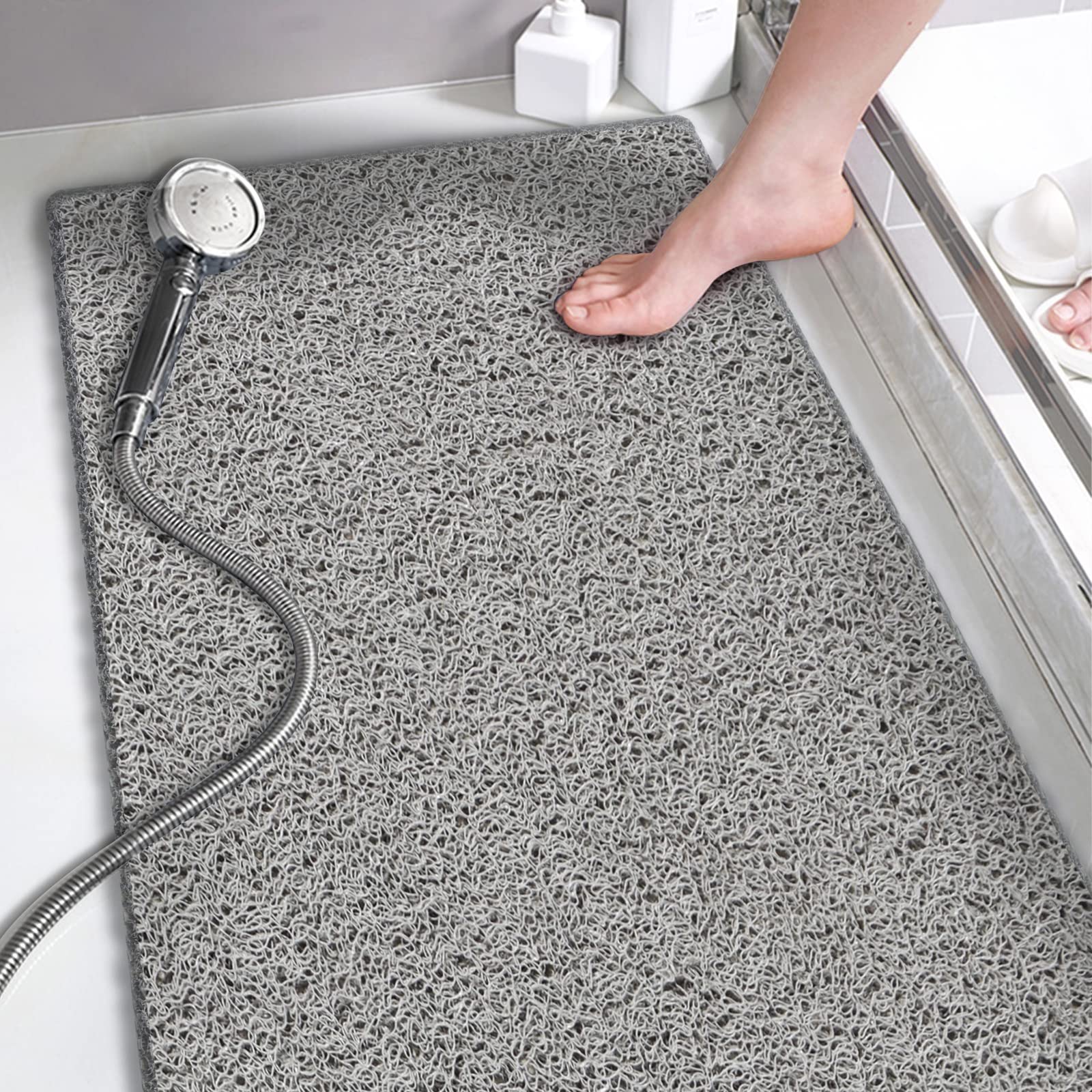 Shower Mats Non Slip Without Suction Cups, 15.7×36 Inch, Bath Mat for Textured Tub Surface, Loofah Mats for Shower and Bathroom, Quick Drying, Grey