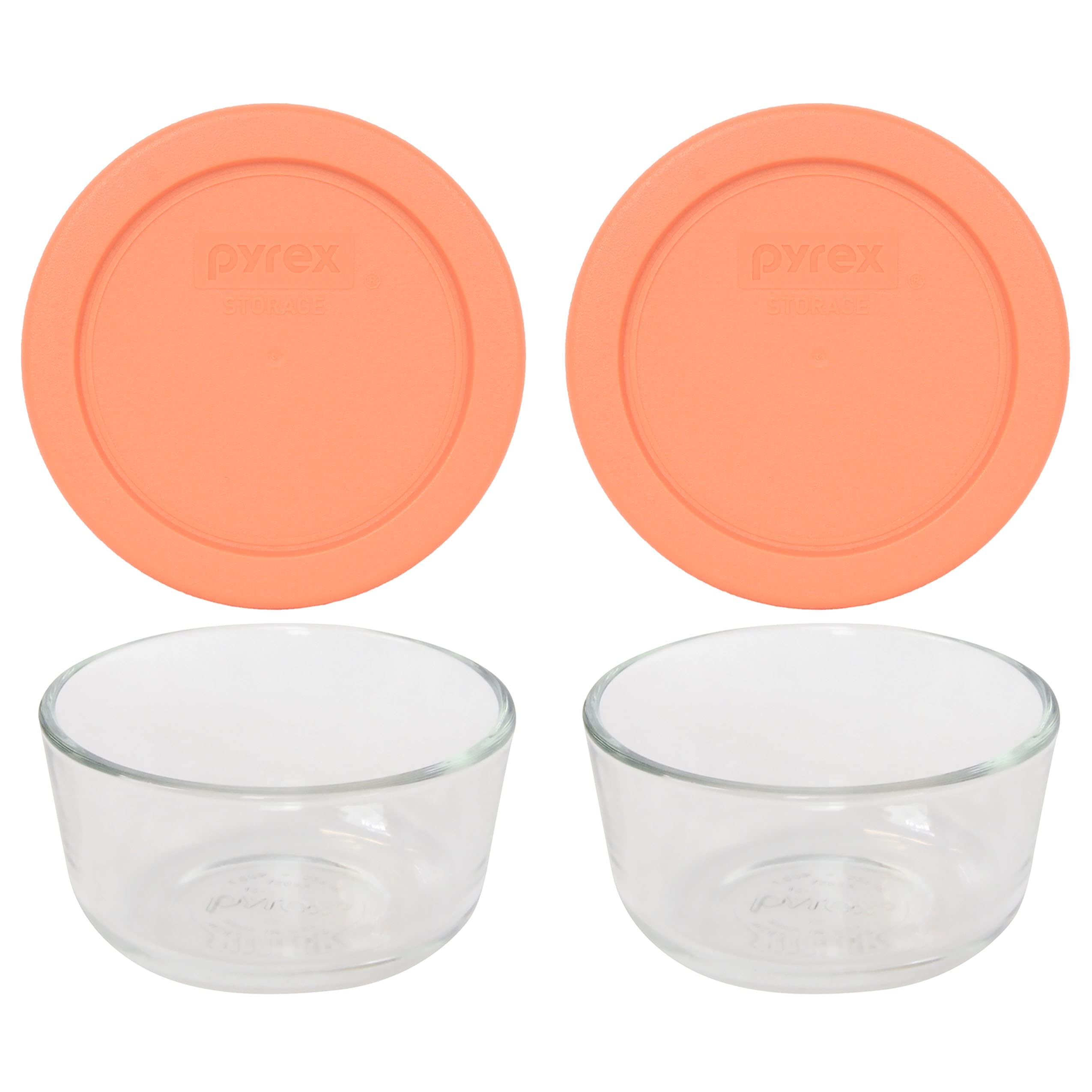 Pyrex (2 7202 Glass Bowls & (2) 7202-PC Bahama Sunset Orange Lids Made in the USA