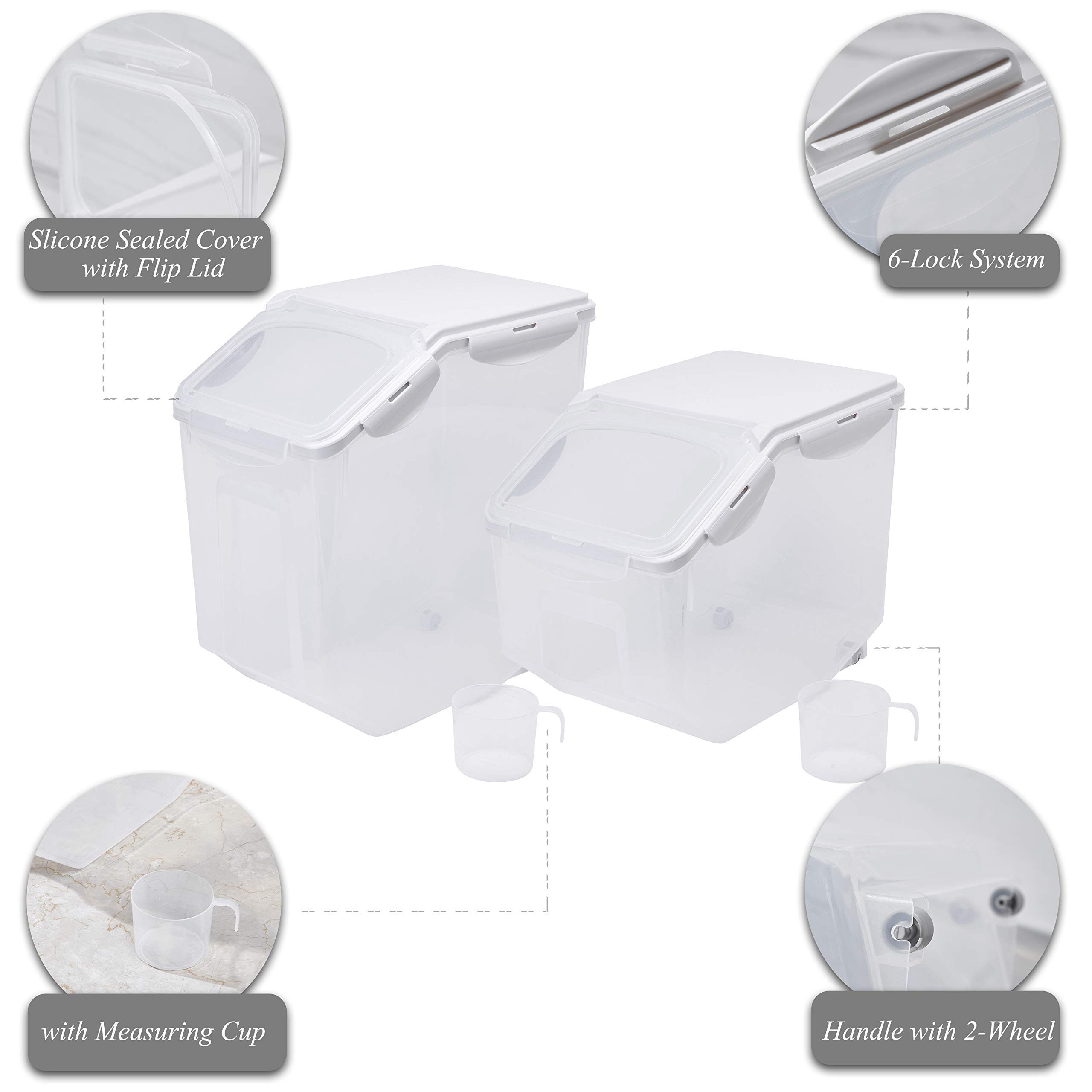 HANAMYA Food Storage Container with Measuring Cup, BPA free, 50-Cup, For Rice | Grain | Pet Food | Flour, Clear & Off White