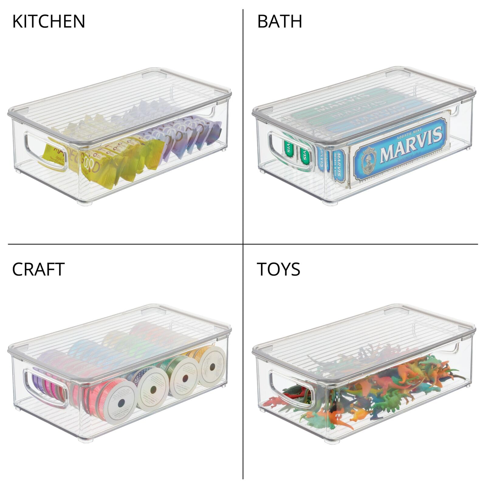 mDesign Plastic Pantry Storage Box Container with Lid and Built-In Handles - Organization for Flour, Cereal, Pasta, Rice, or Food in Kitchen Cupboard, Ligne Collection, 6 Pack, Clear/Clear