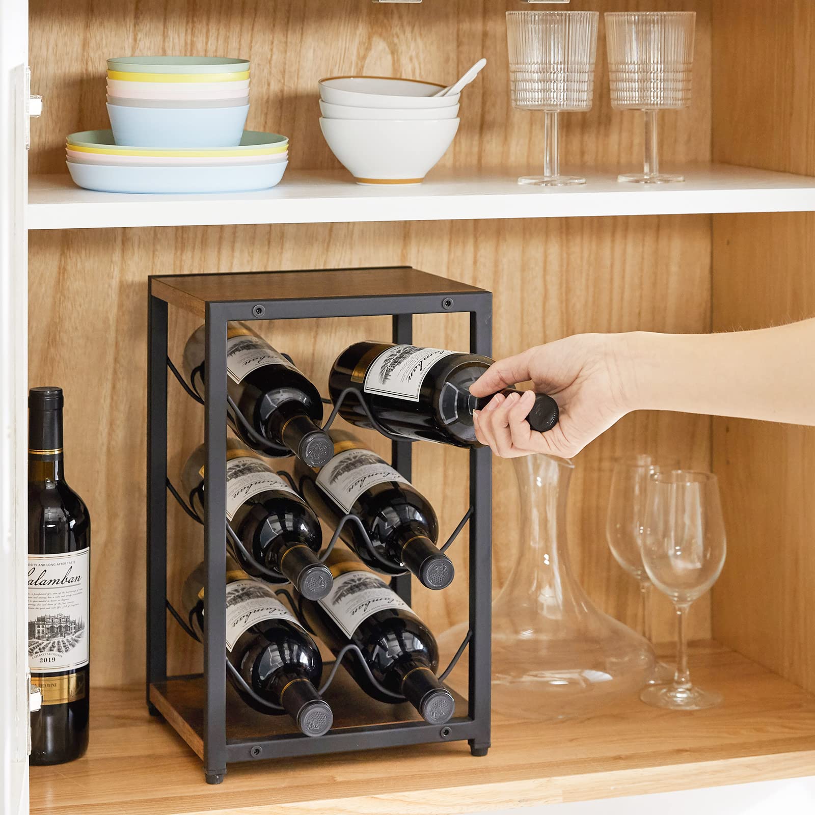 IBUYKE Rustic Wood 6 Bottles Wine Rack for Countertop,3 Tier Free Standing Wine Rack,Wine Bottle Holder Stand Organizer for Home Decor Bar,Cabinet, Pantry,Countertop TMJ901H