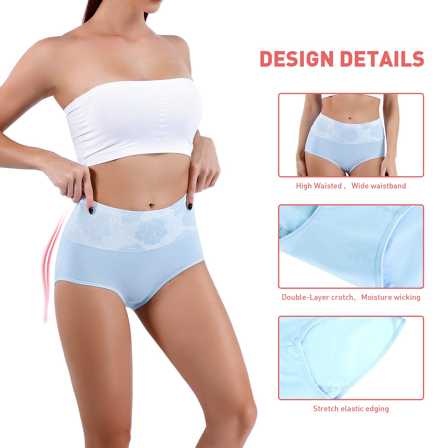 Honzadar Womens High Waist Underwear,Tummy Control briefs,Postpartum Panties,Full Coverage(5Pack-L), Large