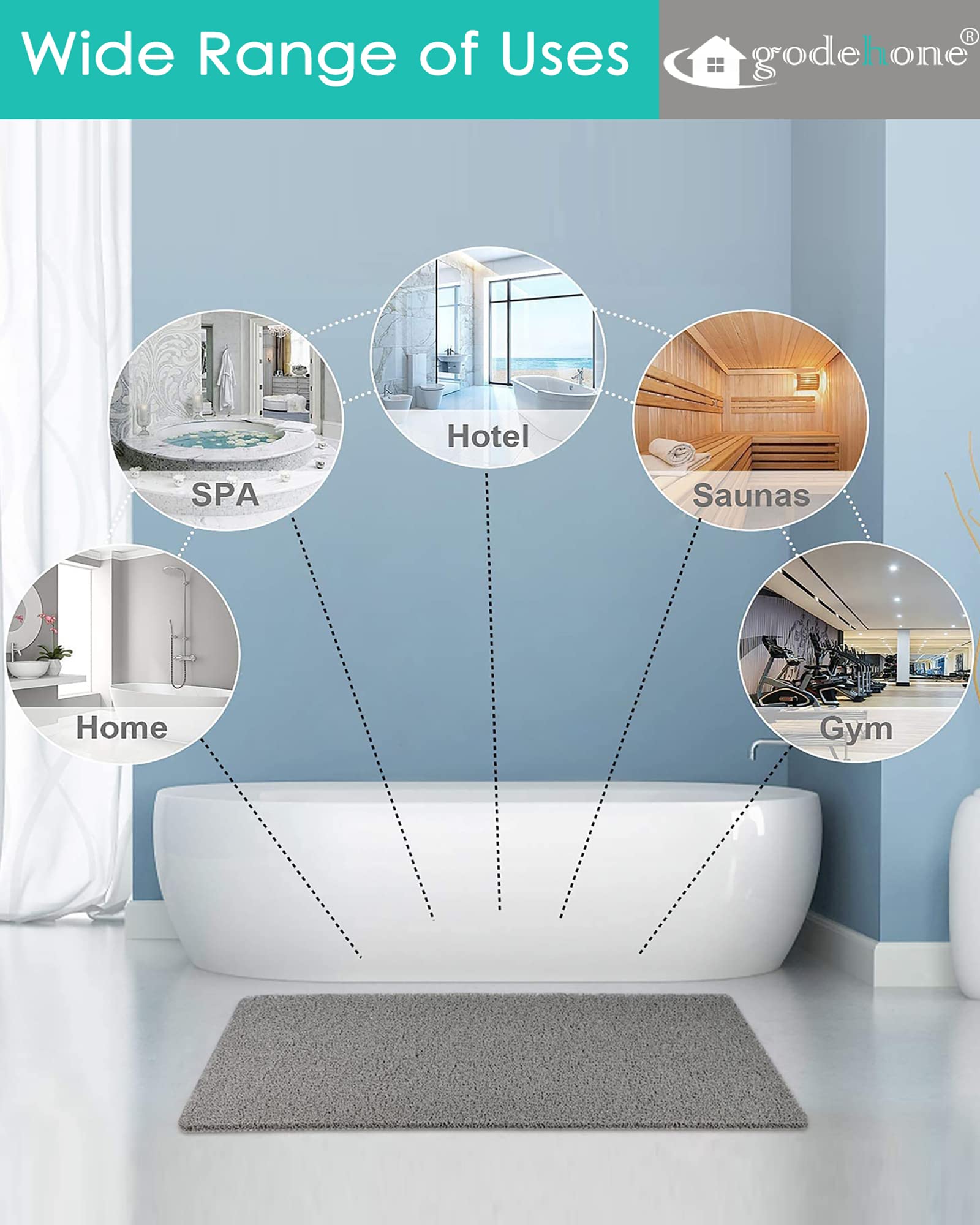 Shower Mats Non Slip Without Suction Cups, 15.7×36 Inch, Bath Mat for Textured Tub Surface, Loofah Mats for Shower and Bathroom, Quick Drying, Grey