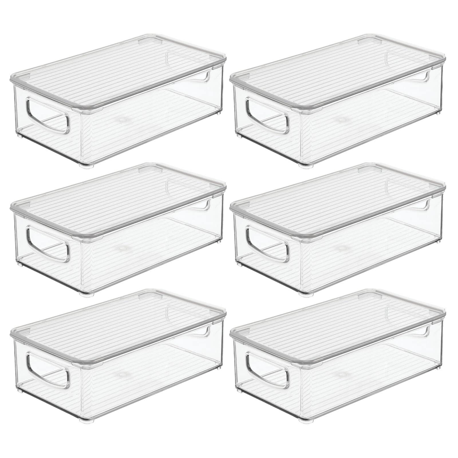 mDesign Plastic Pantry Storage Box Container with Lid and Built-In Handles - Organization for Flour, Cereal, Pasta, Rice, or Food in Kitchen Cupboard, Ligne Collection, 6 Pack, Clear/Clear