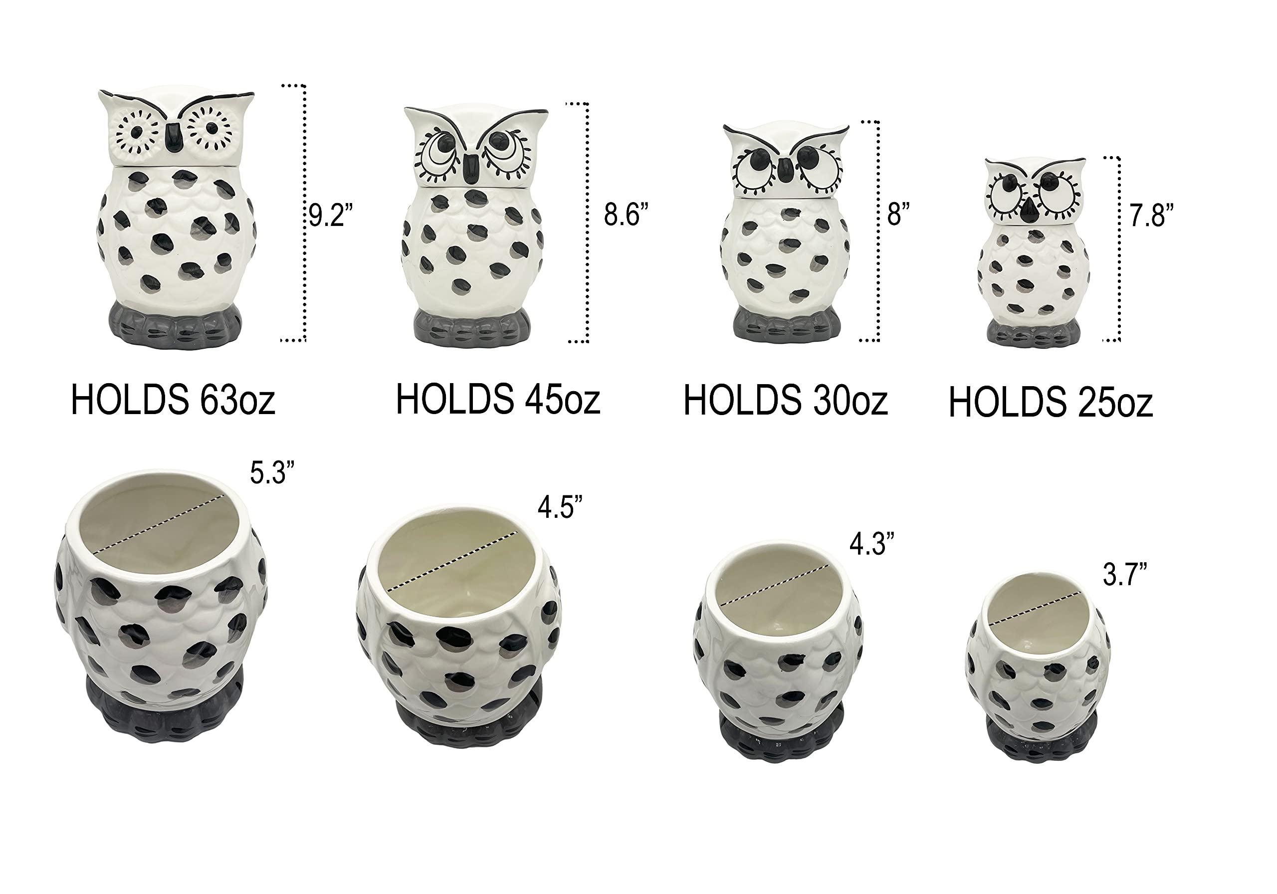 ACK Tuscany Cute Black and White Owl 4PCs Canister Set with Lid, Kitchen Storage Jar, Food Storage Container, Airtight Storage Container With Rubber Seal