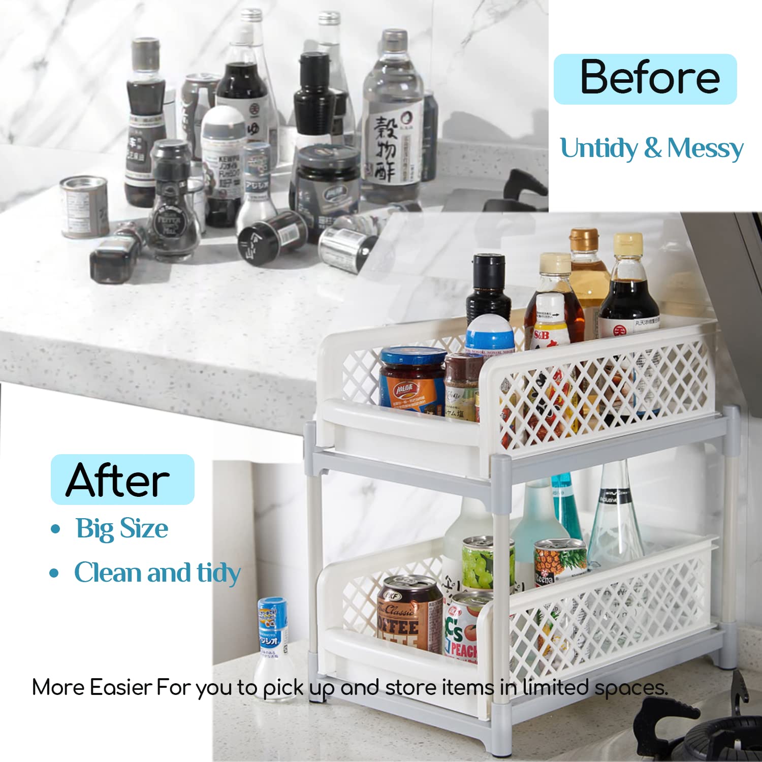 2 Tier Under Sink Organizer White Cabinet Slide Out Food Storage Shelves Vanity Bathroom Under the Sink Pull Out Home organizer with Sliding Baskets Cabinet Spice Rack for Kitchent Desk hegsymum