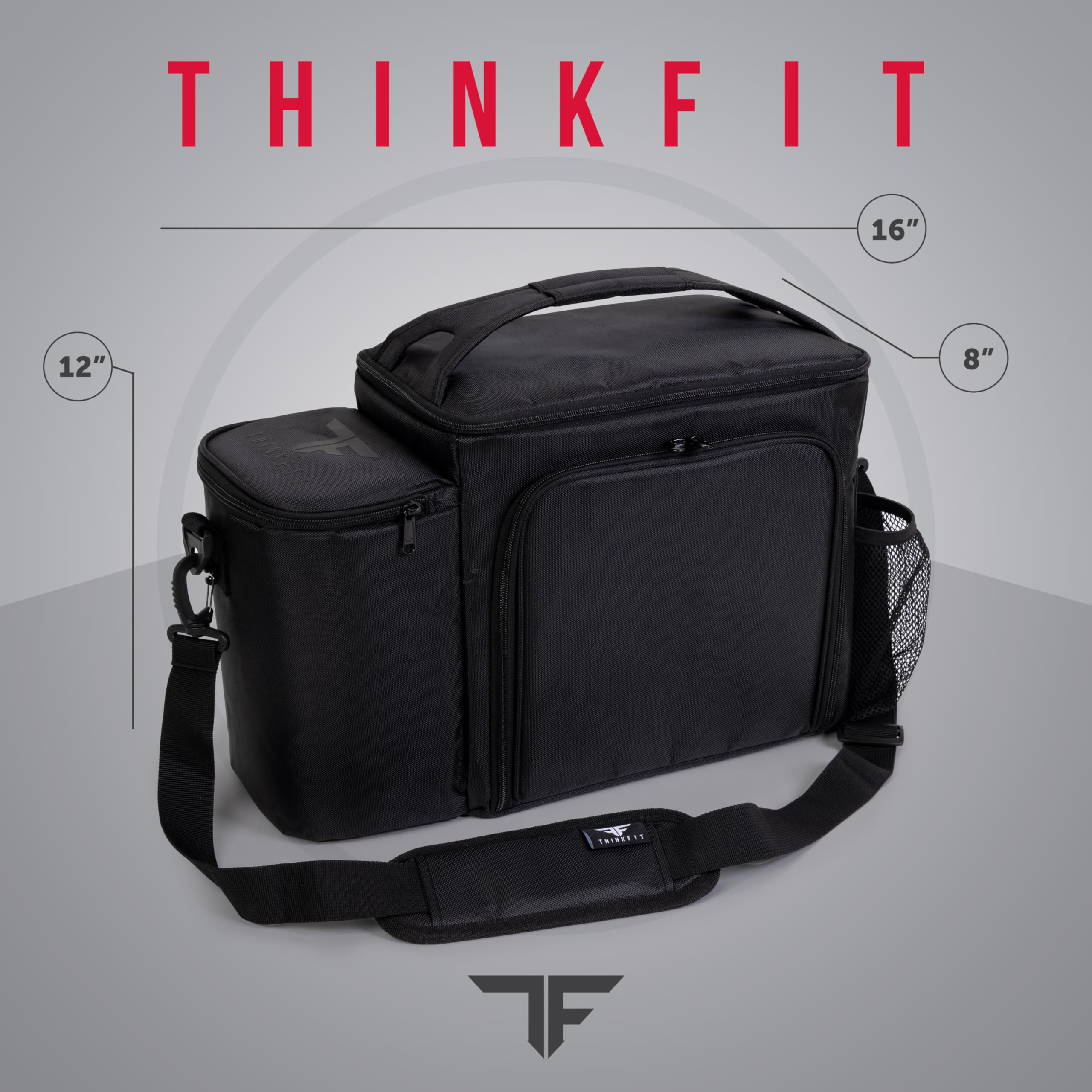 ThinkFit Large Black Meal Prep Lunch Bag, 8 Portion Control Containers, Pill Dispenser, Shaker Cup & 2 XL Reusable Ice Packs