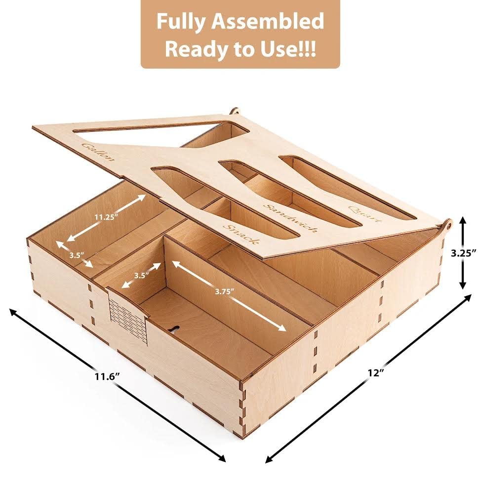 Storage Bag Organizer - Wooden Baggie Organizer for Drawer, Bass Wood - Quart, Snack, Gallon Size, Sandwich Bag Holder - Plastic Bag Organizer with Hinged Lid, Engraved Labels - 11.6x12x3.25"