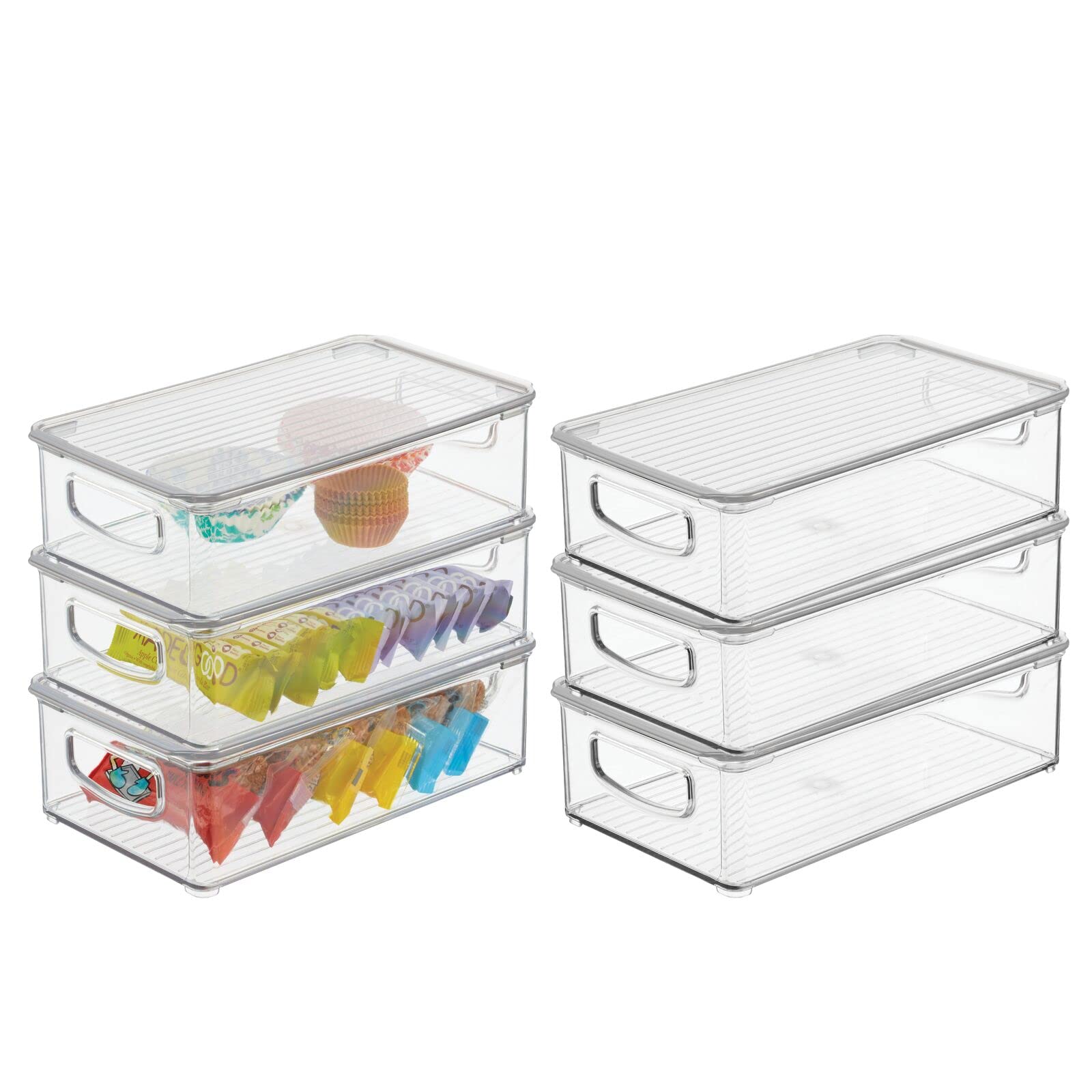 mDesign Plastic Pantry Storage Box Container with Lid and Built-In Handles - Organization for Flour, Cereal, Pasta, Rice, or Food in Kitchen Cupboard, Ligne Collection, 6 Pack, Clear/Clear