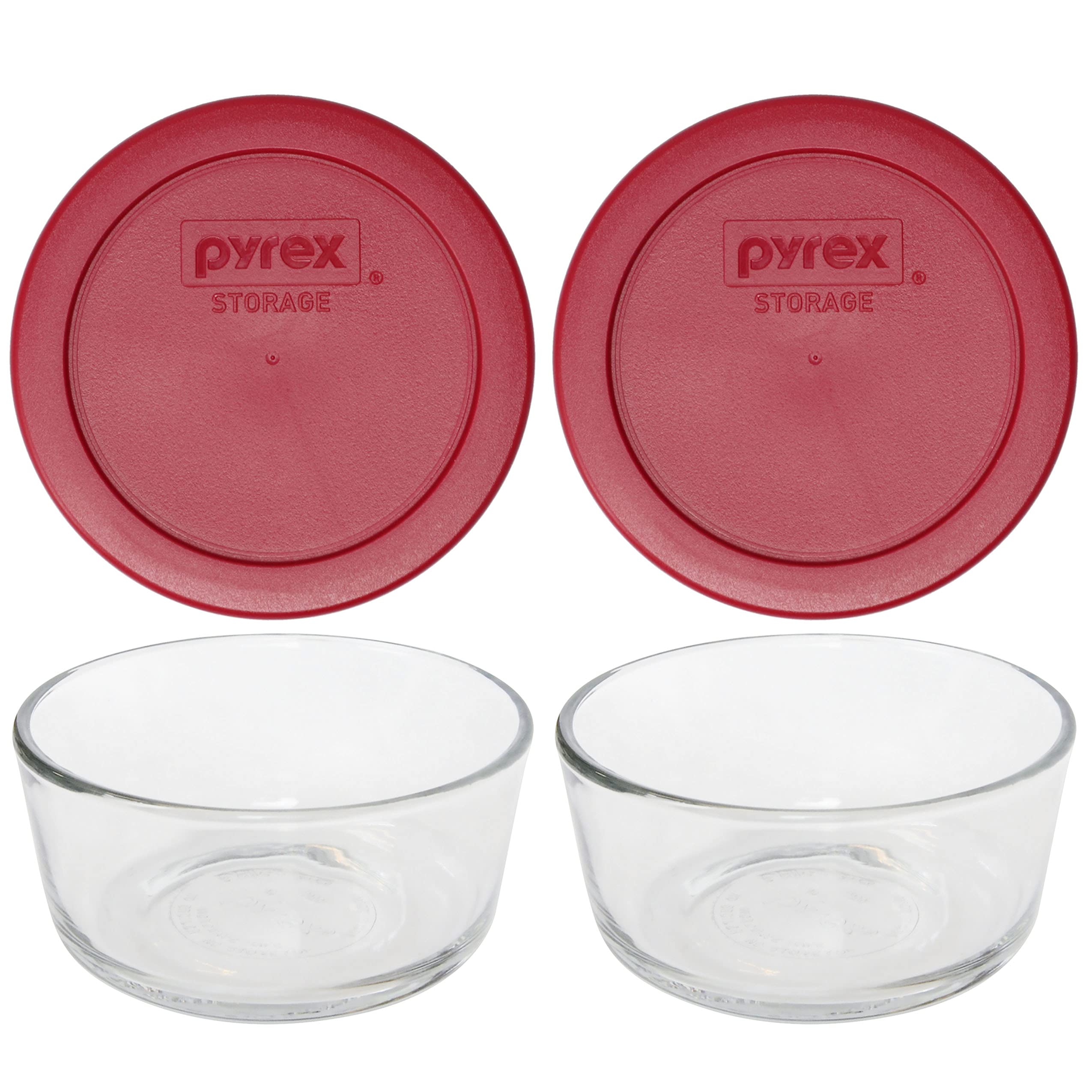 Pyrex (2 7200 Glass Bowls & (2) 7200-PC Sangria Red Lids Made in the USA