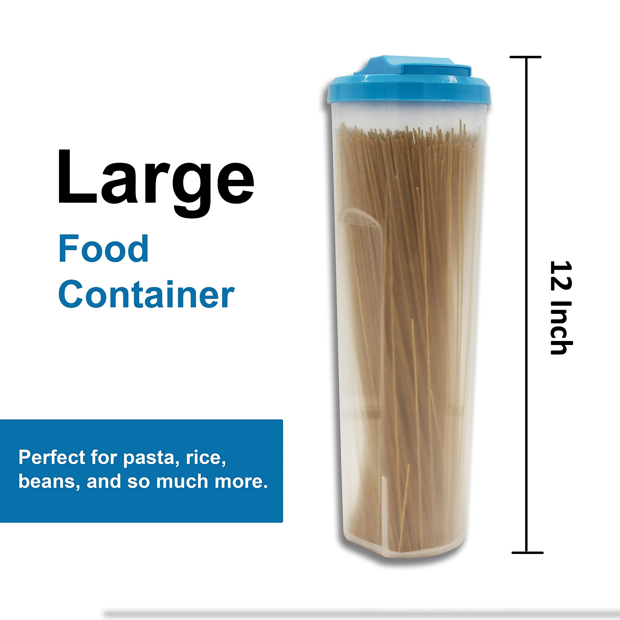 Kevo Tall Pasta Container Food Storage for Spaghetti, Noodle Cereal, Beans, Rice Keeper Plastic Tall Jar with Measuring (100g,200g) Lid (2-Pack(Blue-Red))