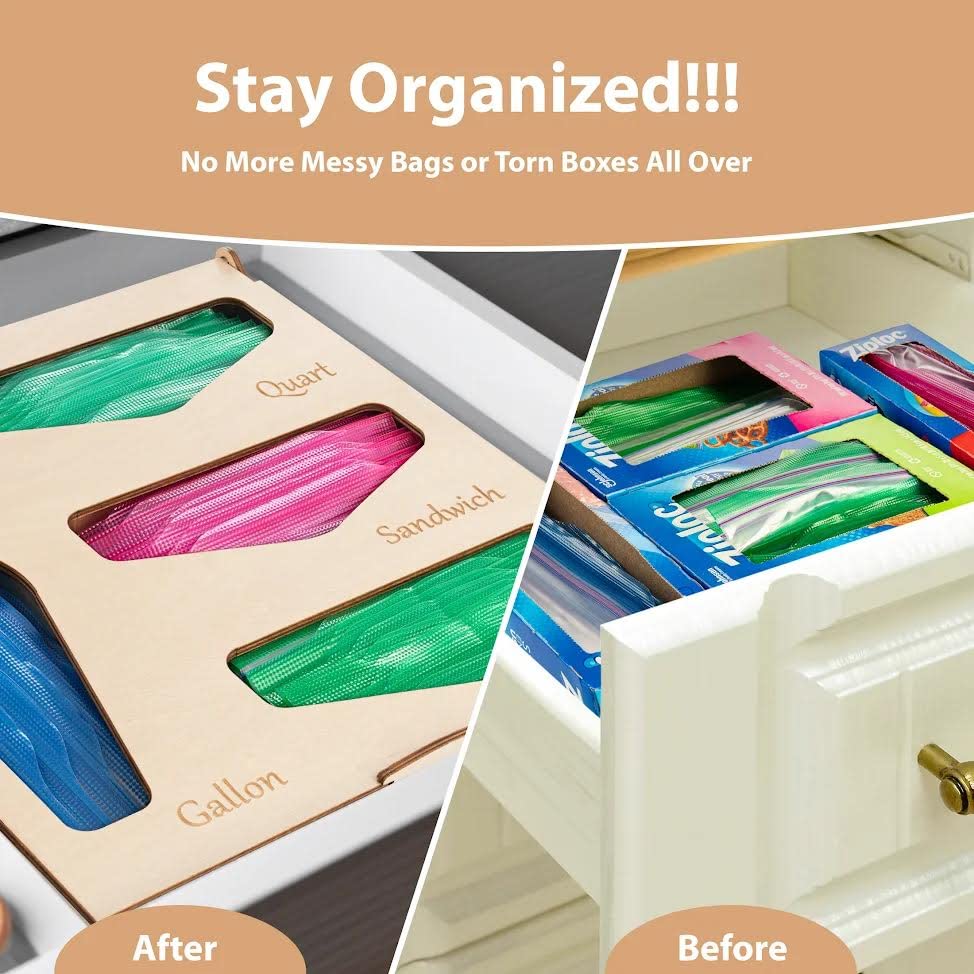 Storage Bag Organizer - Wooden Baggie Organizer for Drawer, Bass Wood - Quart, Snack, Gallon Size, Sandwich Bag Holder - Plastic Bag Organizer with Hinged Lid, Engraved Labels - 11.6x12x3.25"