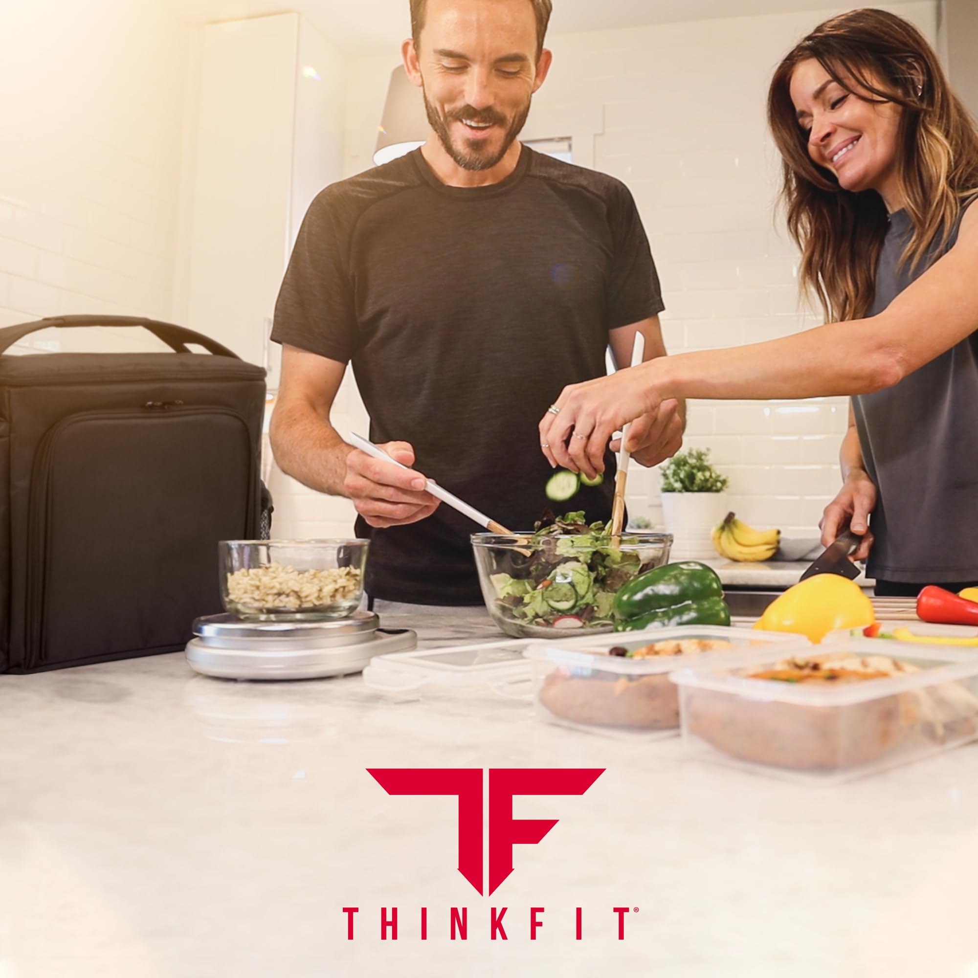 ThinkFit Large Black Meal Prep Lunch Bag, 8 Portion Control Containers, Pill Dispenser, Shaker Cup & 2 XL Reusable Ice Packs