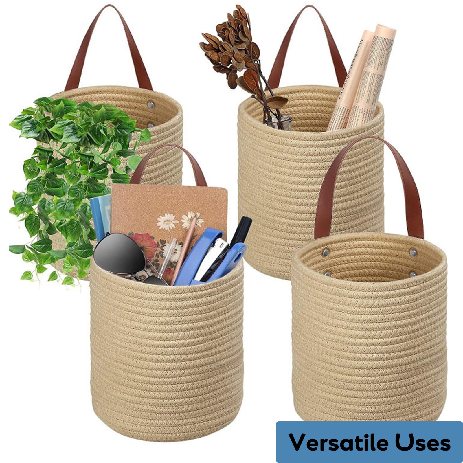 YOUEON Set of 2 Jute Hanging Basket 7.8" x 6.7", Wall Hanging Planter Baskets, Jute Woven Hanging Storage Baskets, Small Woven Baskets for Sunglasses Wallet Keys Flower Plants Towels Toys