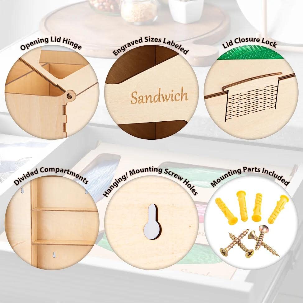 Storage Bag Organizer - Wooden Baggie Organizer for Drawer, Bass Wood - Quart, Snack, Gallon Size, Sandwich Bag Holder - Plastic Bag Organizer with Hinged Lid, Engraved Labels - 11.6x12x3.25"