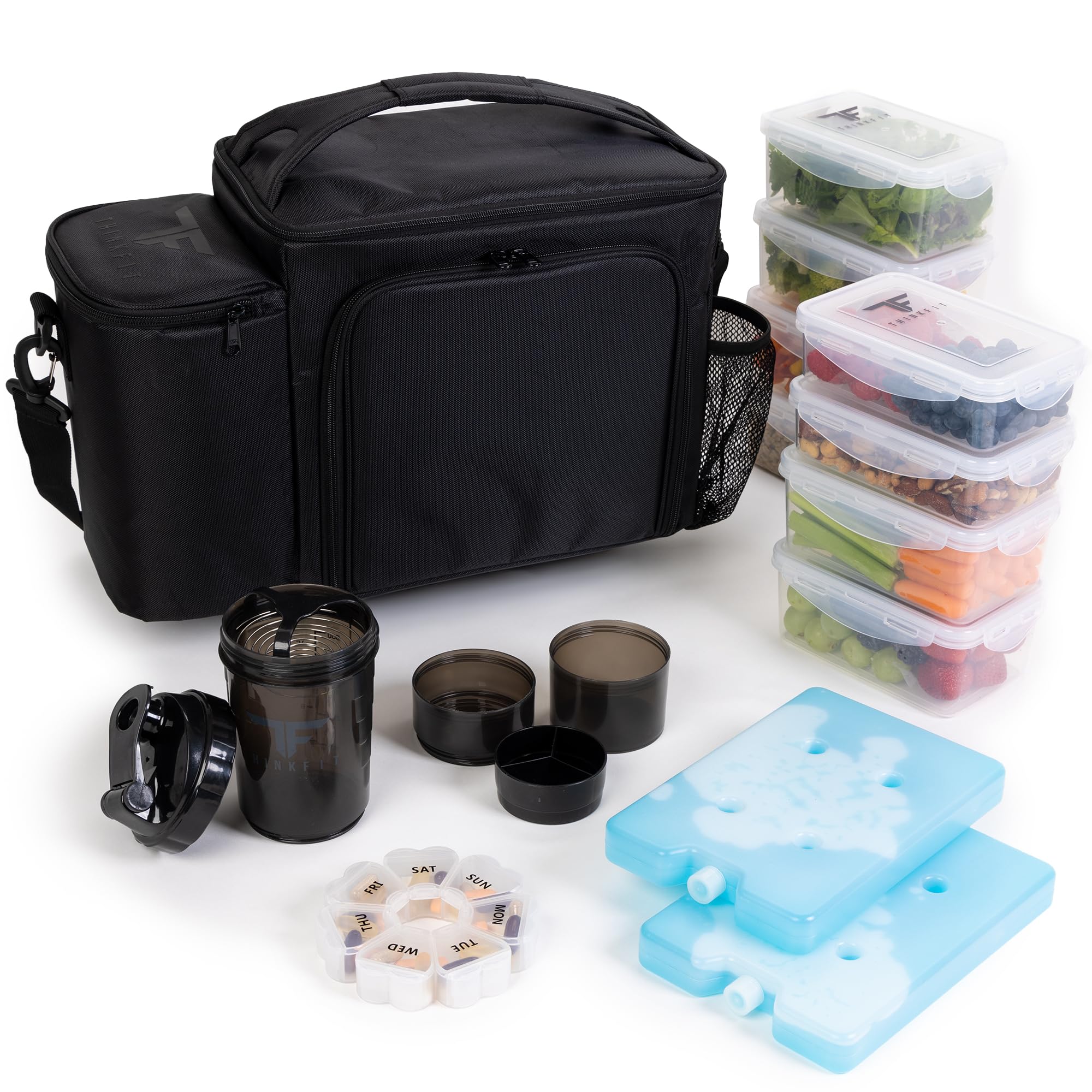 ThinkFit Large Black Meal Prep Lunch Bag, 8 Portion Control Containers, Pill Dispenser, Shaker Cup & 2 XL Reusable Ice Packs