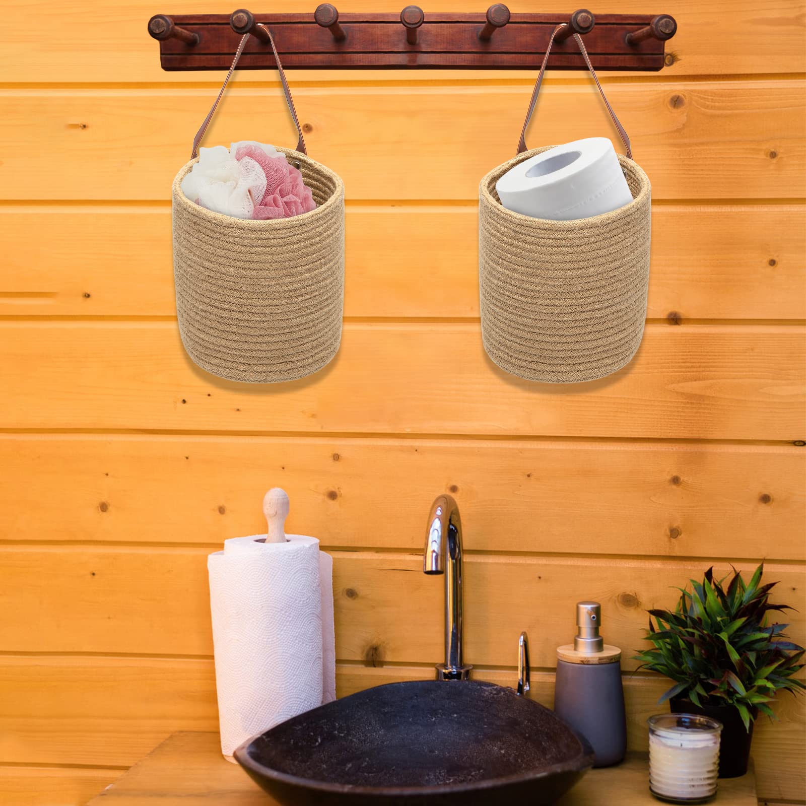 YOUEON Set of 2 Jute Hanging Basket 7.8" x 6.7", Wall Hanging Planter Baskets, Jute Woven Hanging Storage Baskets, Small Woven Baskets for Sunglasses Wallet Keys Flower Plants Towels Toys