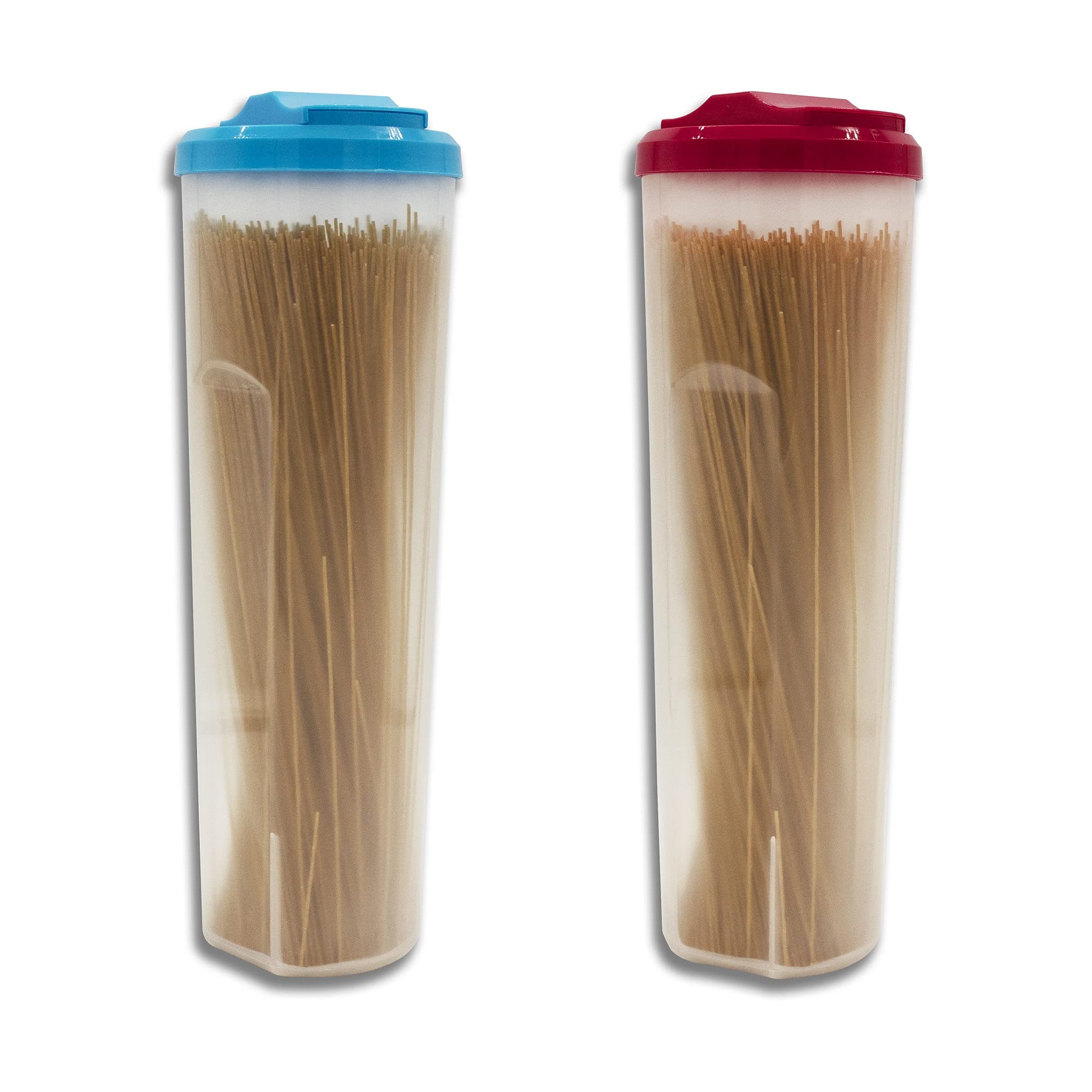 Kevo Tall Pasta Container Food Storage for Spaghetti, Noodle Cereal, Beans, Rice Keeper Plastic Tall Jar with Measuring (100g,200g) Lid (2-Pack(Blue-Red))