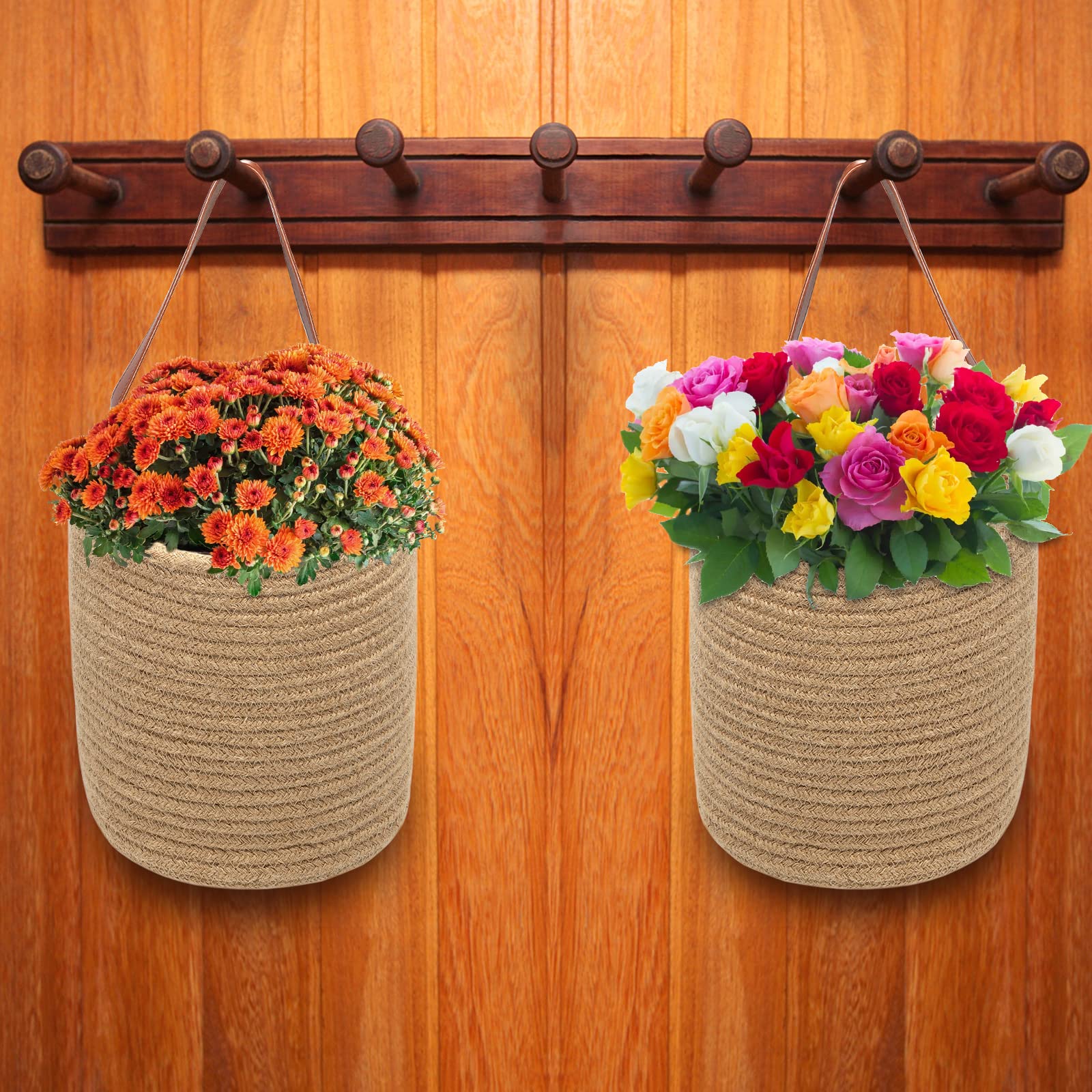 YOUEON Set of 2 Jute Hanging Basket 7.8" x 6.7", Wall Hanging Planter Baskets, Jute Woven Hanging Storage Baskets, Small Woven Baskets for Sunglasses Wallet Keys Flower Plants Towels Toys