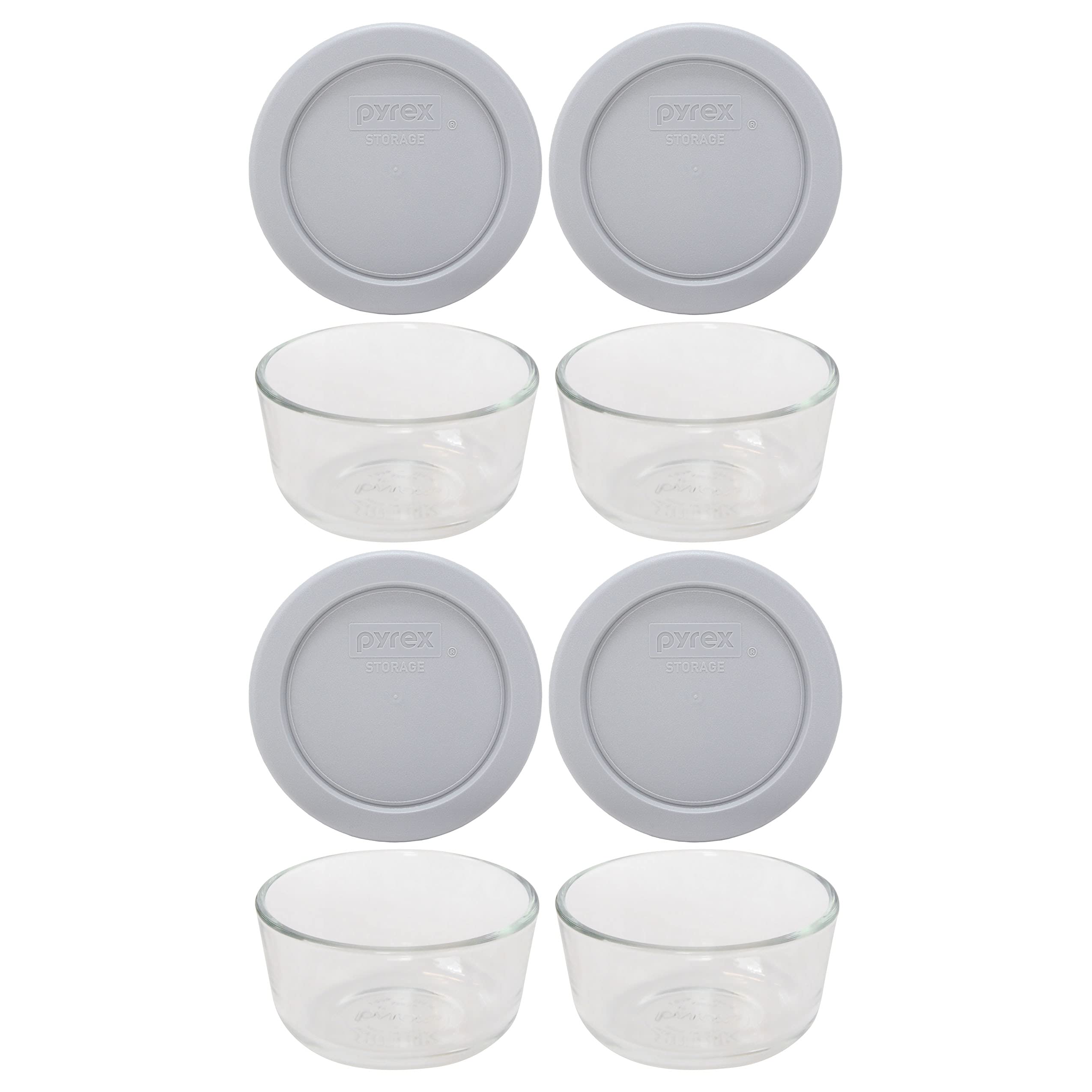 Pyrex (4) 7202 Glass Bowls & (4) Pyrex 7202-PC Jet Gray Lids Made in the USA