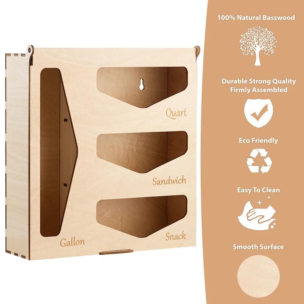 Storage Bag Organizer - Wooden Baggie Organizer for Drawer, Bass Wood - Quart, Snack, Gallon Size, Sandwich Bag Holder - Plastic Bag Organizer with Hinged Lid, Engraved Labels - 11.6x12x3.25"