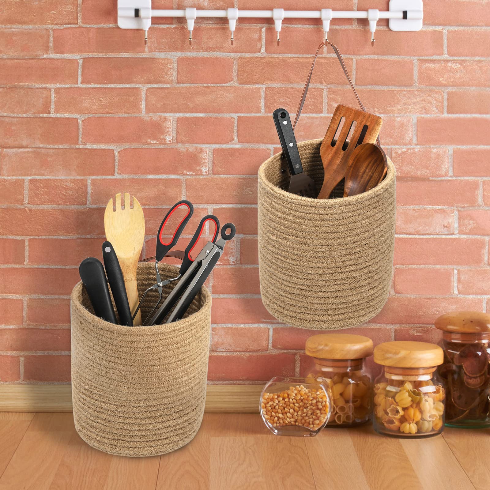 YOUEON Set of 2 Jute Hanging Basket 7.8" x 6.7", Wall Hanging Planter Baskets, Jute Woven Hanging Storage Baskets, Small Woven Baskets for Sunglasses Wallet Keys Flower Plants Towels Toys