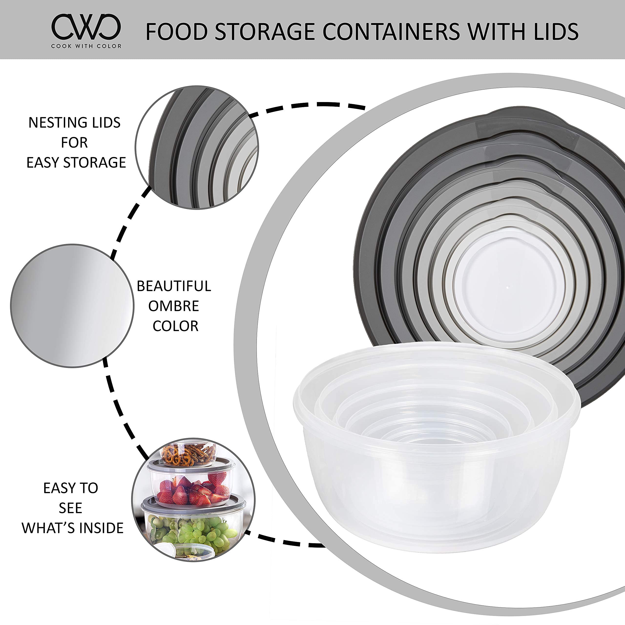 COOK WITH COLOR Round Food Storage Containers with Lids, Easy-Find Nesting Plastic Containers, 14 Piece Set (Grey Ombre)