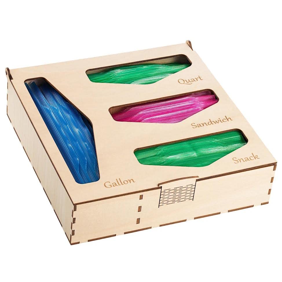 Storage Bag Organizer - Wooden Baggie Organizer for Drawer, Bass Wood - Quart, Snack, Gallon Size, Sandwich Bag Holder - Plastic Bag Organizer with Hinged Lid, Engraved Labels - 11.6x12x3.25"