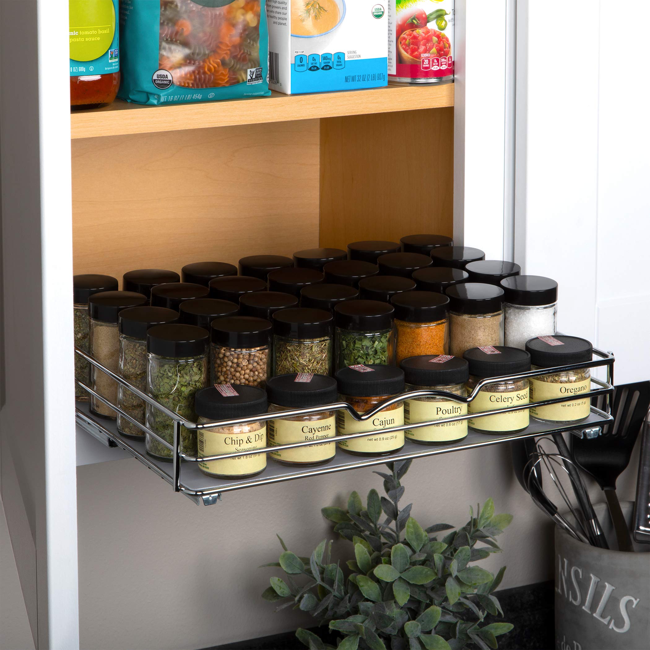 Pull Out Cabinet Organizer for Spices, Cans - Heavy Duty with Lifetime Limited Warranty- Pull Out Spice Rack- Cabinet Pull Out Shelf for Cans,Dishes, Etc, 14-3/8"Wx 10-1/2"D x 2-3/4β H, Chrome