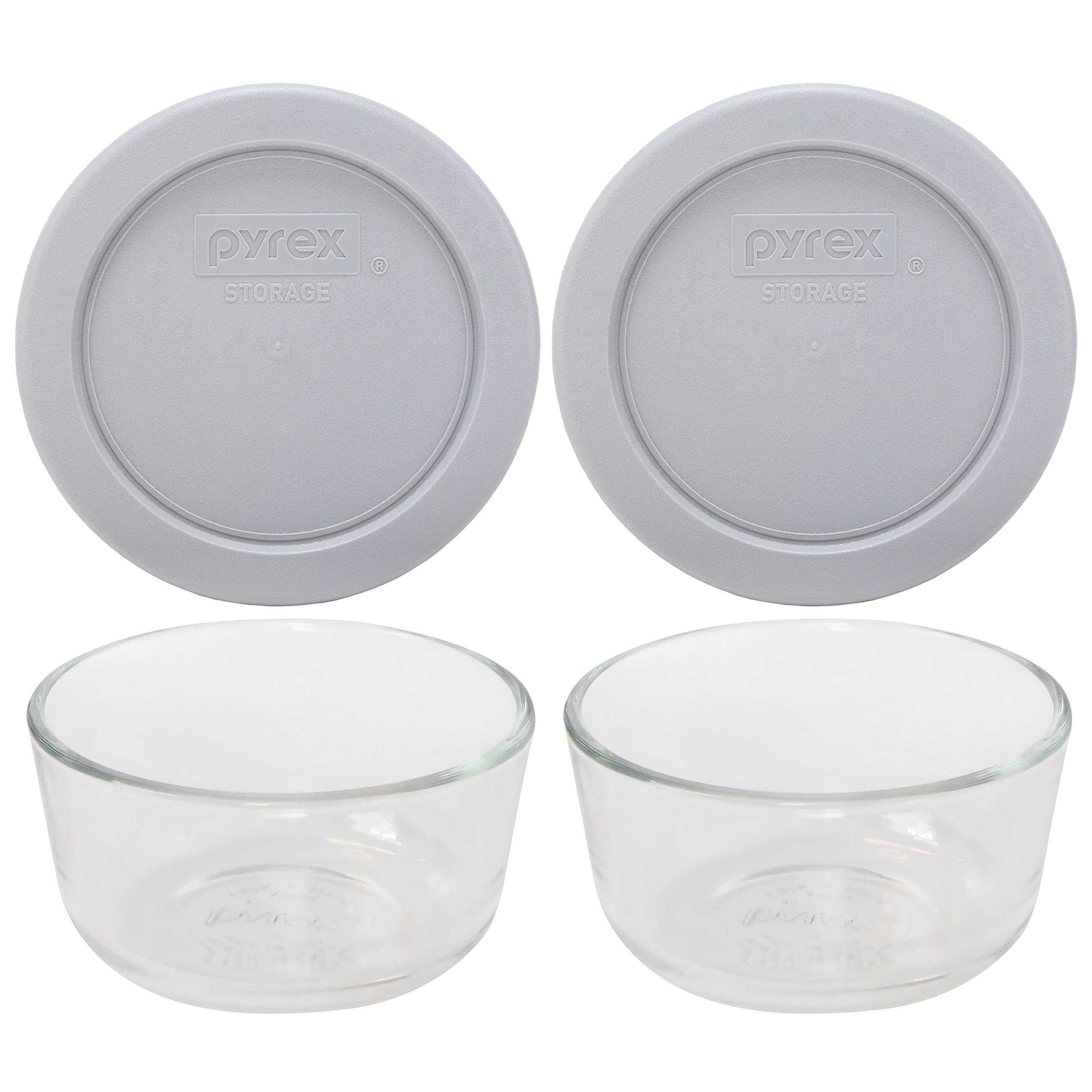 Pyrex (2) 7202 Glass Bowls & (2) Pyrex 7202-PC Jet Gray Lids Made in the USA
