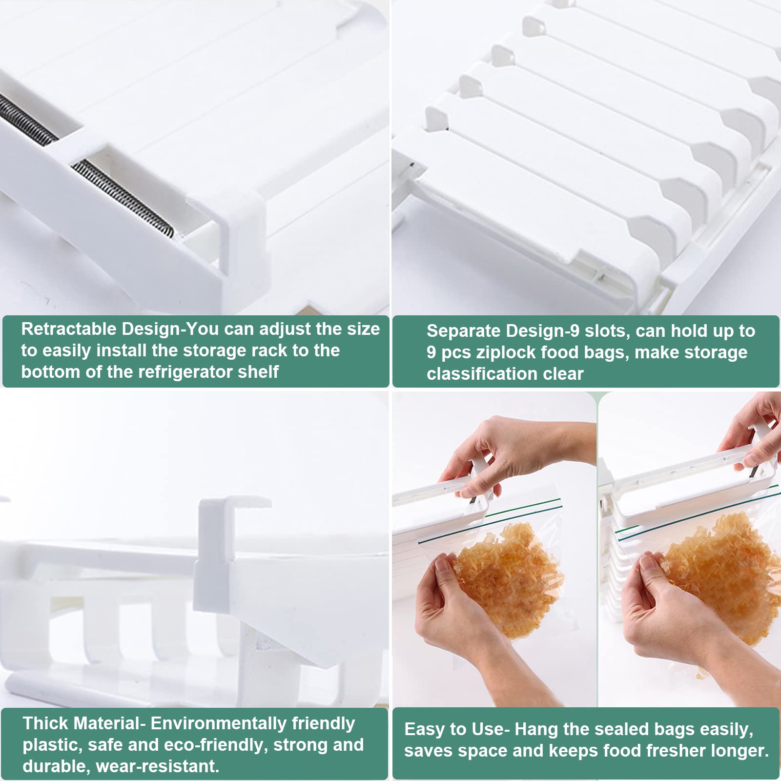 SZHTSWU Refrigerator Ziplock Bag Storage Rail Rack, Hanging Storage Clip Sliding Rail Tray Retractable Fridge Drawer Storage Organizer with 20 Sealed Bags for Fruits Vegetable Food Fresh-Keeping