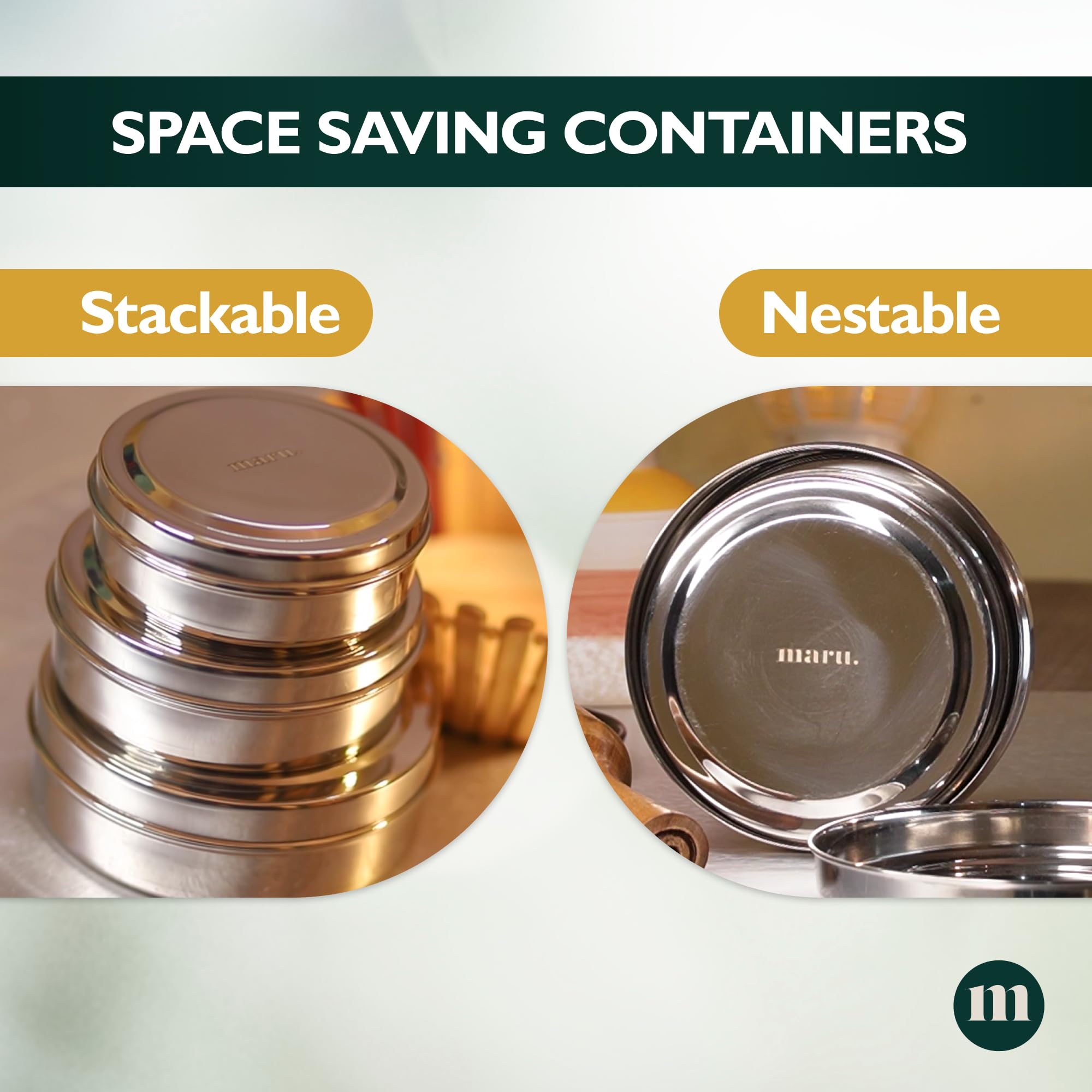 MARU Stainless Steel Airtight Food Storage Containers - Kitchen Set with Lids, Ideal for Flour Storage, Perfect Kitchen Canisters for Food Storage Set of 3Pcs (300ML, 475ML, 600ML)