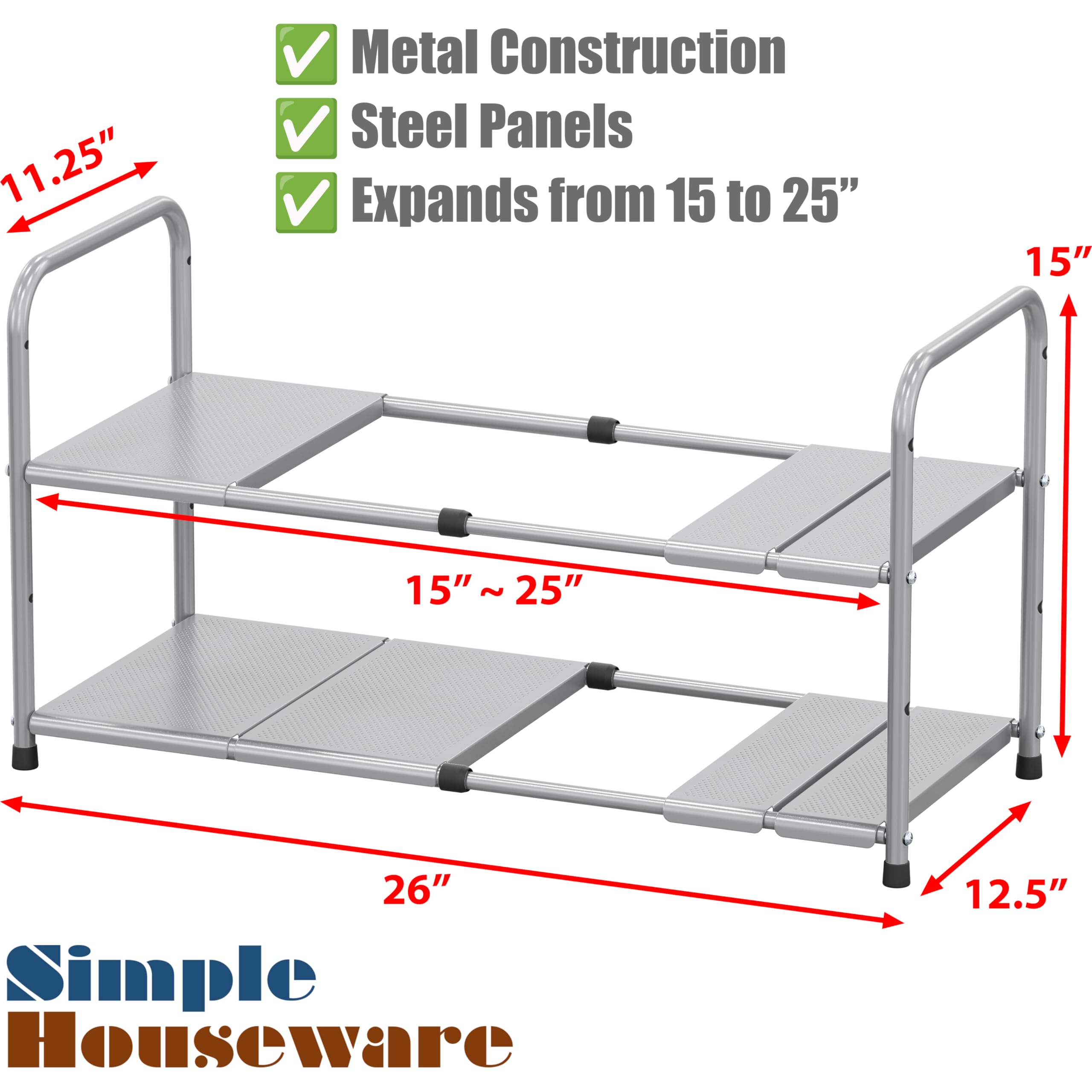 Simple Houseware Under Sink 2 Tier Expandable Heavy Duty Metal Shelf Organizer Rack, Silver (Expand from 15 to 25 inches)