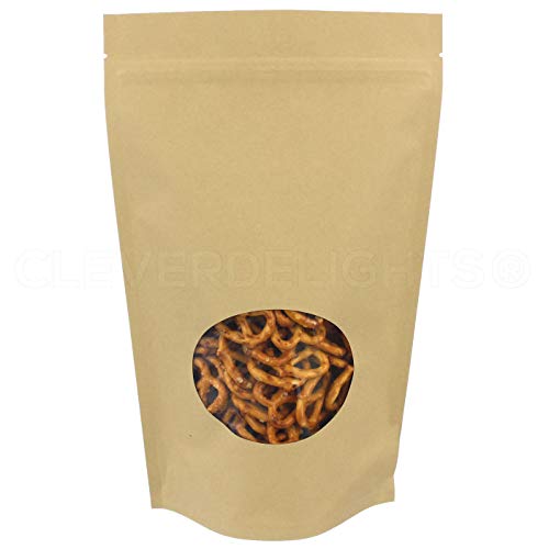 CleverDelights Kraft Window Stand Up Pouches - 16oz - 100 Pack - 7" x 11.5" x 4" - Resealable Bag